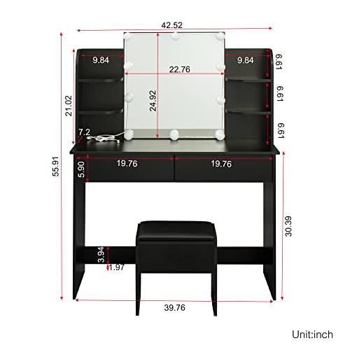 Large Vanity Set with 10 Lights Bulbs, 42-inch Makeup Vanity Mirror with Lights, Makeup Table with 2 Drawers & Cushioned Stool & Storage Shelves, Dressing Table for Women, Girls, Bedroom (Black)