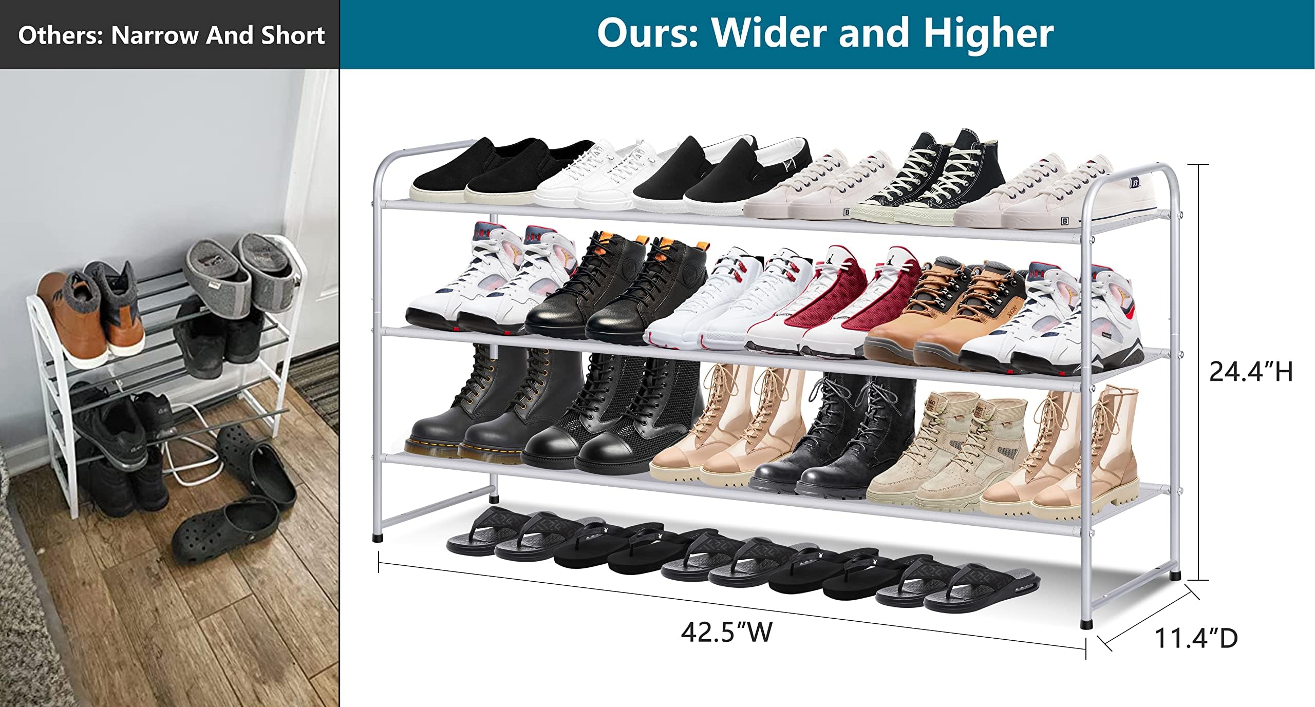AOODA 3 Tier Long Shoe Rack for Closet Floor Wide Stackable Sneaker Shelf 24-Pairs Fabric Shoe Storage Organizer for Bedroom (Gray)