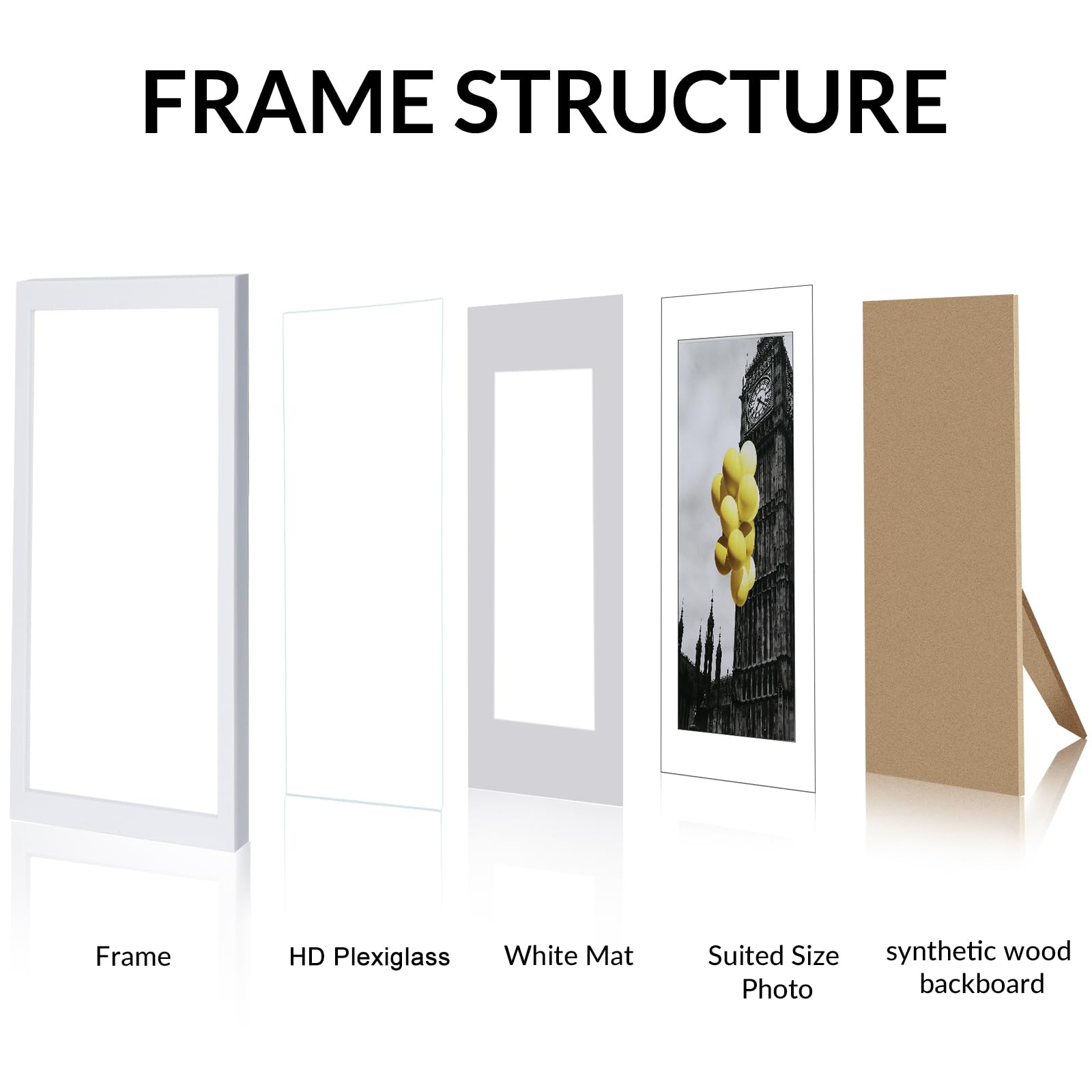 BSRHOME 11x14 Picture Frame Set of 6 with Plexiglass, Display Pictures 8x10 with Mat or 11x14 Without Mat for Tabletop Display and Wall Mounting, White