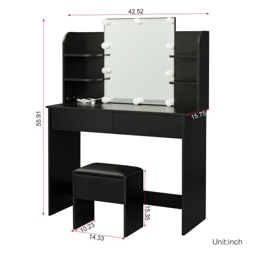 Large Vanity Set with 10 Lights Bulbs, 42-inch Makeup Vanity Mirror with Lights, Makeup Table with 2 Drawers & Cushioned Stool & Storage Shelves, Dressing Table for Women, Girls, Bedroom (Black)
