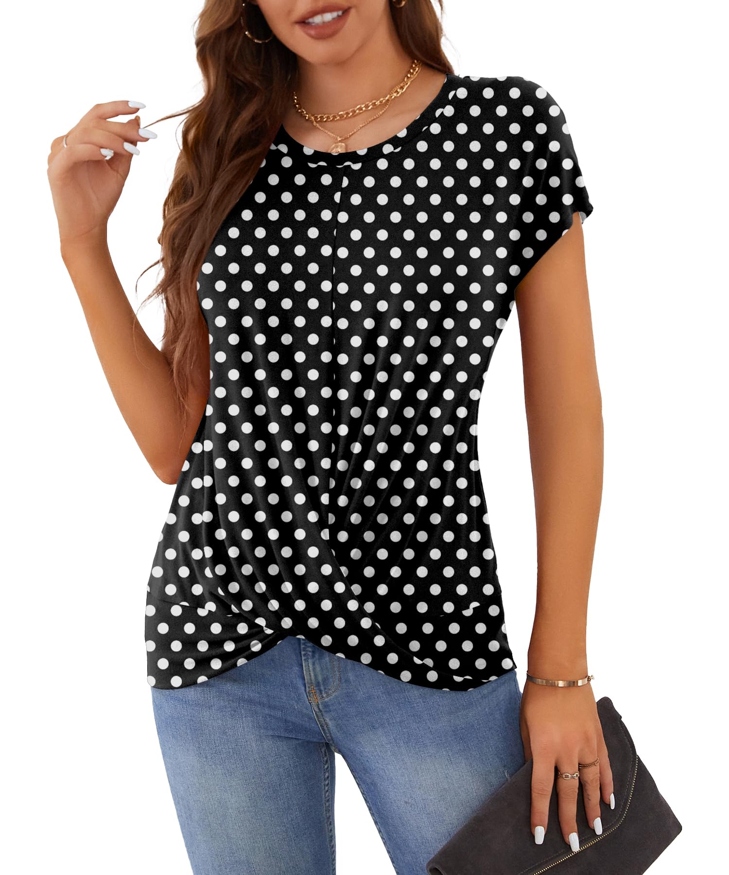 YSYOKOW Women's Blouses Casual Summer Short Sleeve T Shirts Loose Front Twist Tops(Polka Dot Black, X-Large)