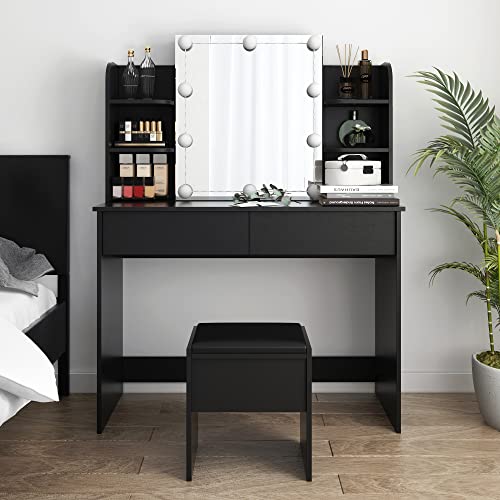Large Vanity Set with 10 Lights Bulbs, 42-inch Makeup Vanity Mirror with Lights, Makeup Table with 2 Drawers & Cushioned Stool & Storage Shelves, Dressing Table for Women, Girls, Bedroom (Black)