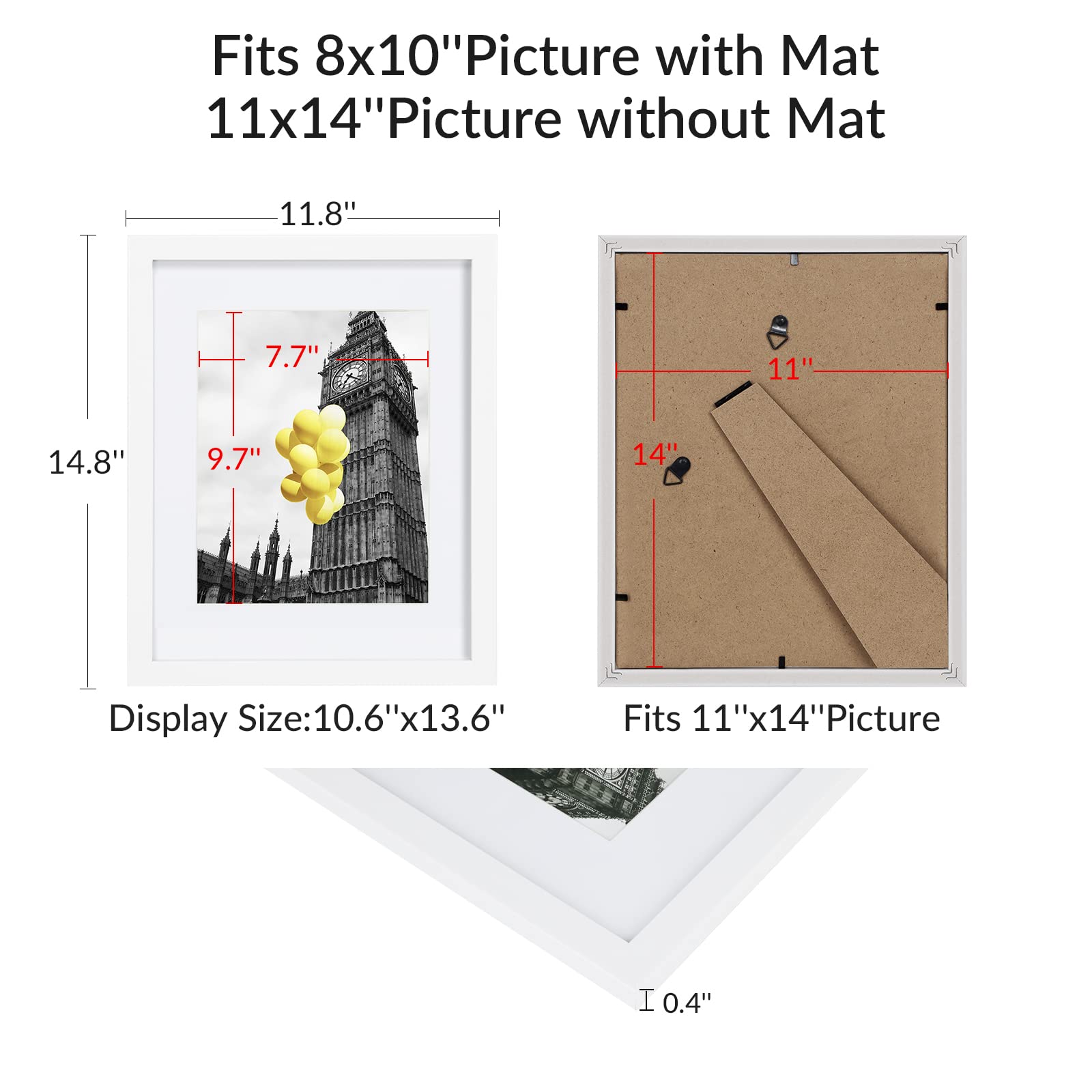 BSRHOME 11x14 Picture Frame Set of 6 with Plexiglass, Display Pictures 8x10 with Mat or 11x14 Without Mat for Tabletop Display and Wall Mounting, White