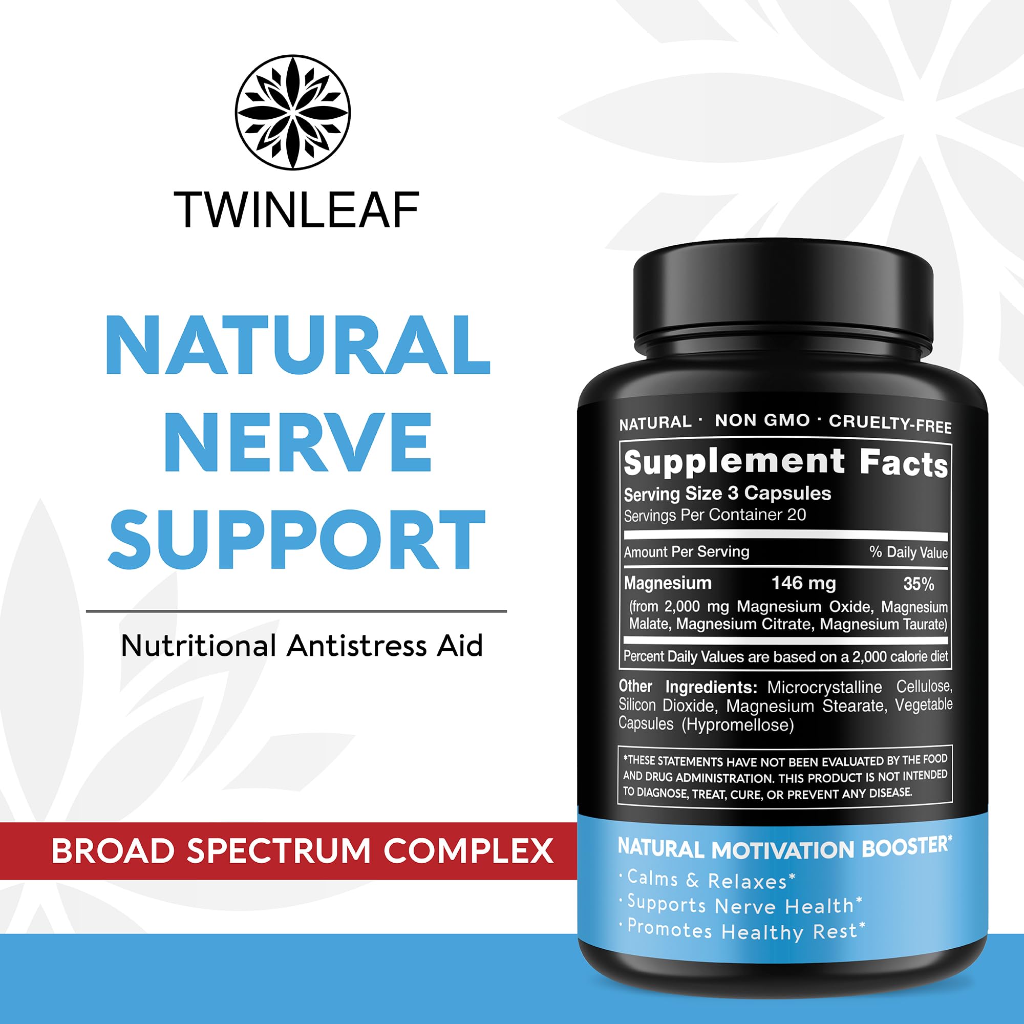 TWINLEAF Magnesium Brain Booster Made in USA - Supports Brain Health & Function as Natural Calm, Relax Aid - Nootropic Magnesium Memory, Concentration & Focus Pills That Promote Better Rest