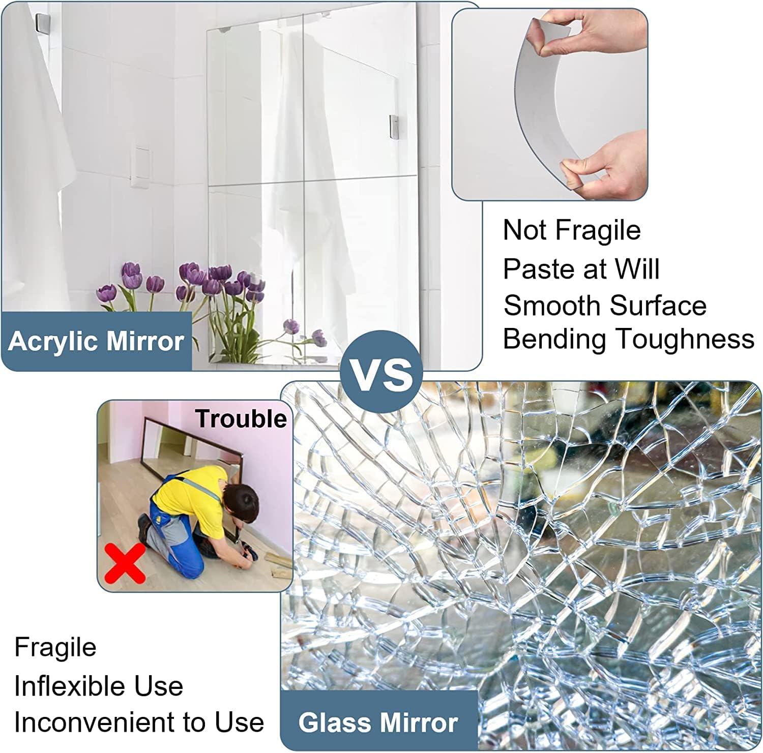JUNEBRUSHS 4 Pack Self Adhesive Acrylic Mirror, 12X 12 Inch Mirror Tiles,Flexible Plastic Mirror Sheets Wall Stickers,2MM Thick Mirror,Frameless Small Mirror