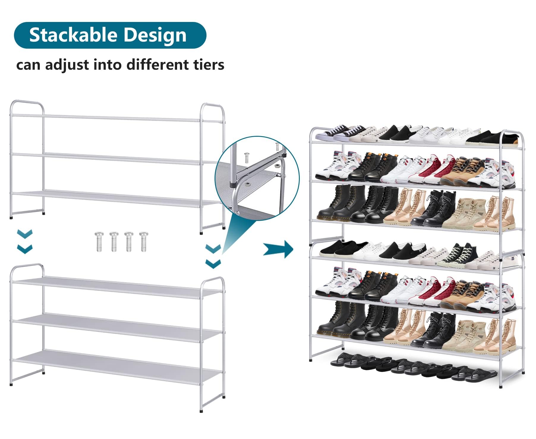 AOODA 3 Tier Long Shoe Rack for Closet Floor Wide Stackable Sneaker Shelf 24-Pairs Fabric Shoe Storage Organizer for Bedroom (Gray)