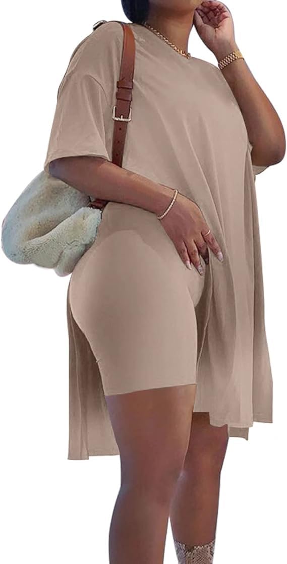 AXOSY Women Plus Size 2 Piece Outfits Short Sleeve Tunic Tops and Skinny Biker Shorts Sets Tracksuits Brown,3X-Large