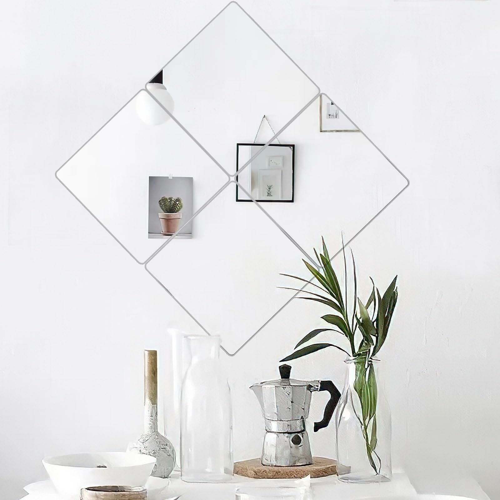 JUNEBRUSHS 4 Pack Self Adhesive Acrylic Mirror, 12X 12 Inch Mirror Tiles,Flexible Plastic Mirror Sheets Wall Stickers,2MM Thick Mirror,Frameless Small Mirror