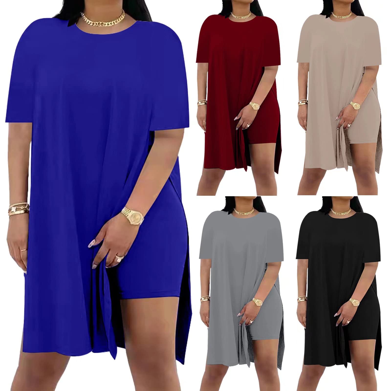 AXOSY Women Plus Size 2 Piece Outfits Short Sleeve Tunic Tops and Skinny Biker Shorts Sets Tracksuits Brown,3X-Large