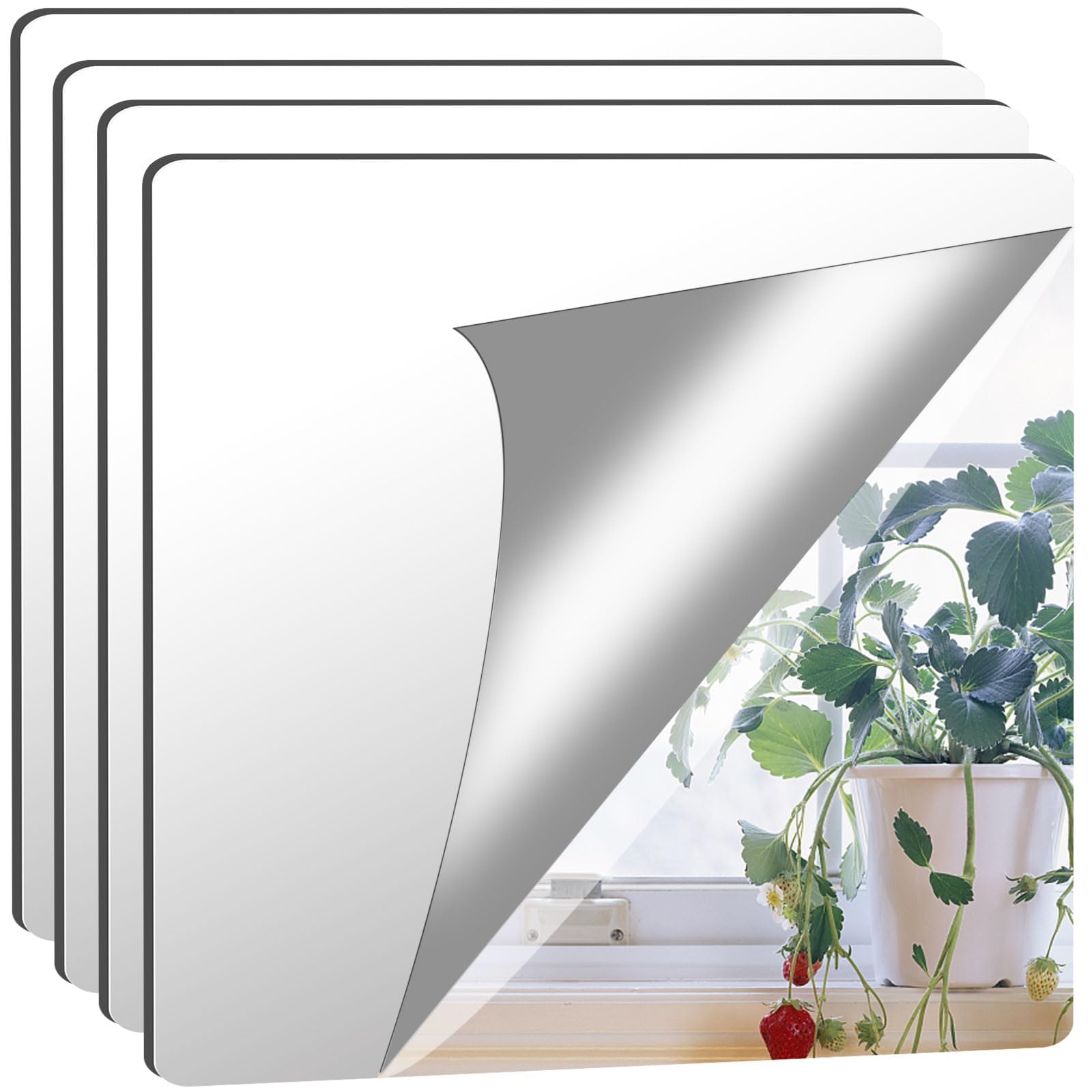 JUNEBRUSHS 4 Pack Self Adhesive Acrylic Mirror, 12X 12 Inch Mirror Tiles,Flexible Plastic Mirror Sheets Wall Stickers,2MM Thick Mirror,Frameless Small Mirror