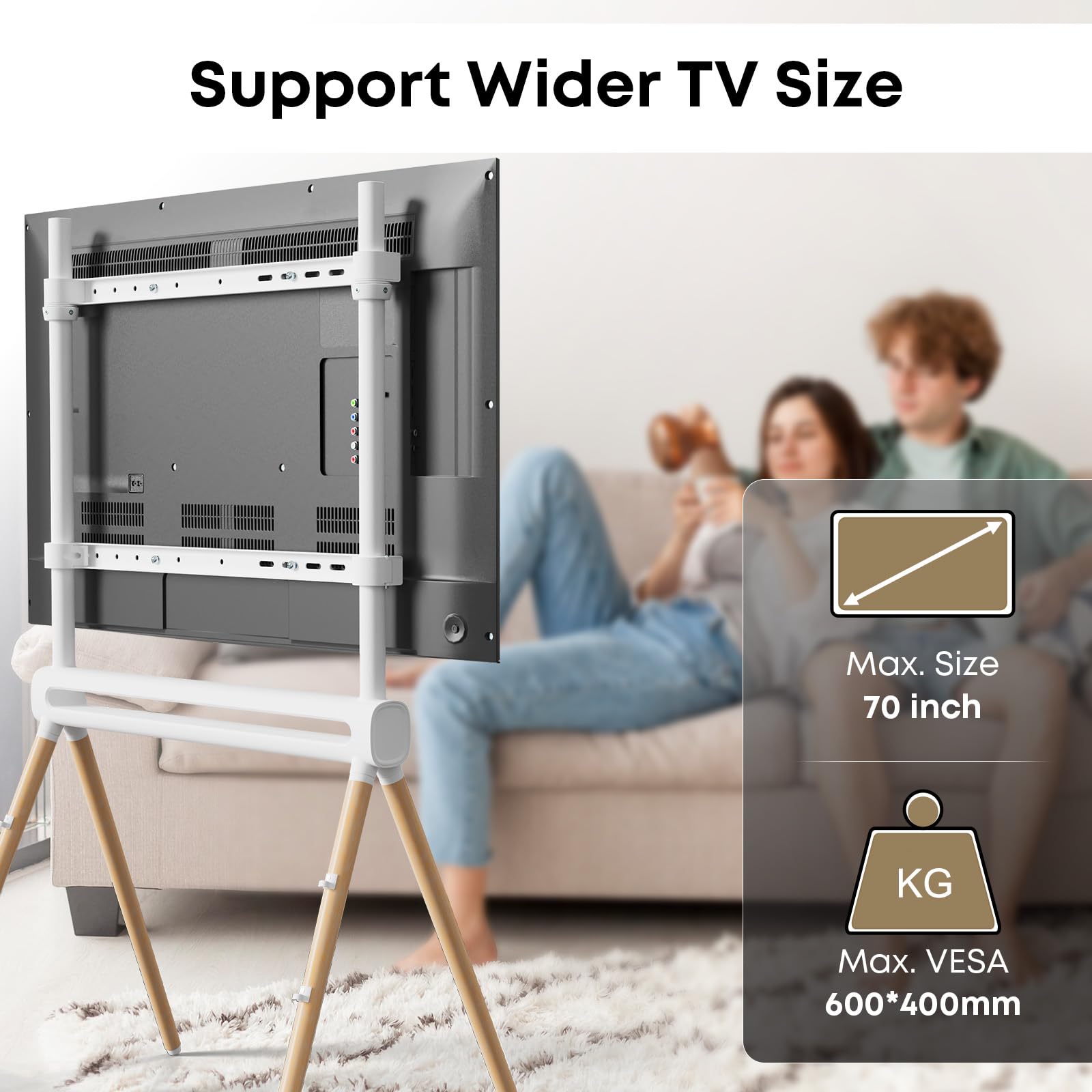 PUTORSEN Artistic Easel TV Floor Stand for 49 to 70 inch LED LCD Screens, Studio TV Display Stand with VESA 200x200 to 600x400mm and Max Load 100 Lbs, Adjustable TV Mount with 4 Legs, Color White
