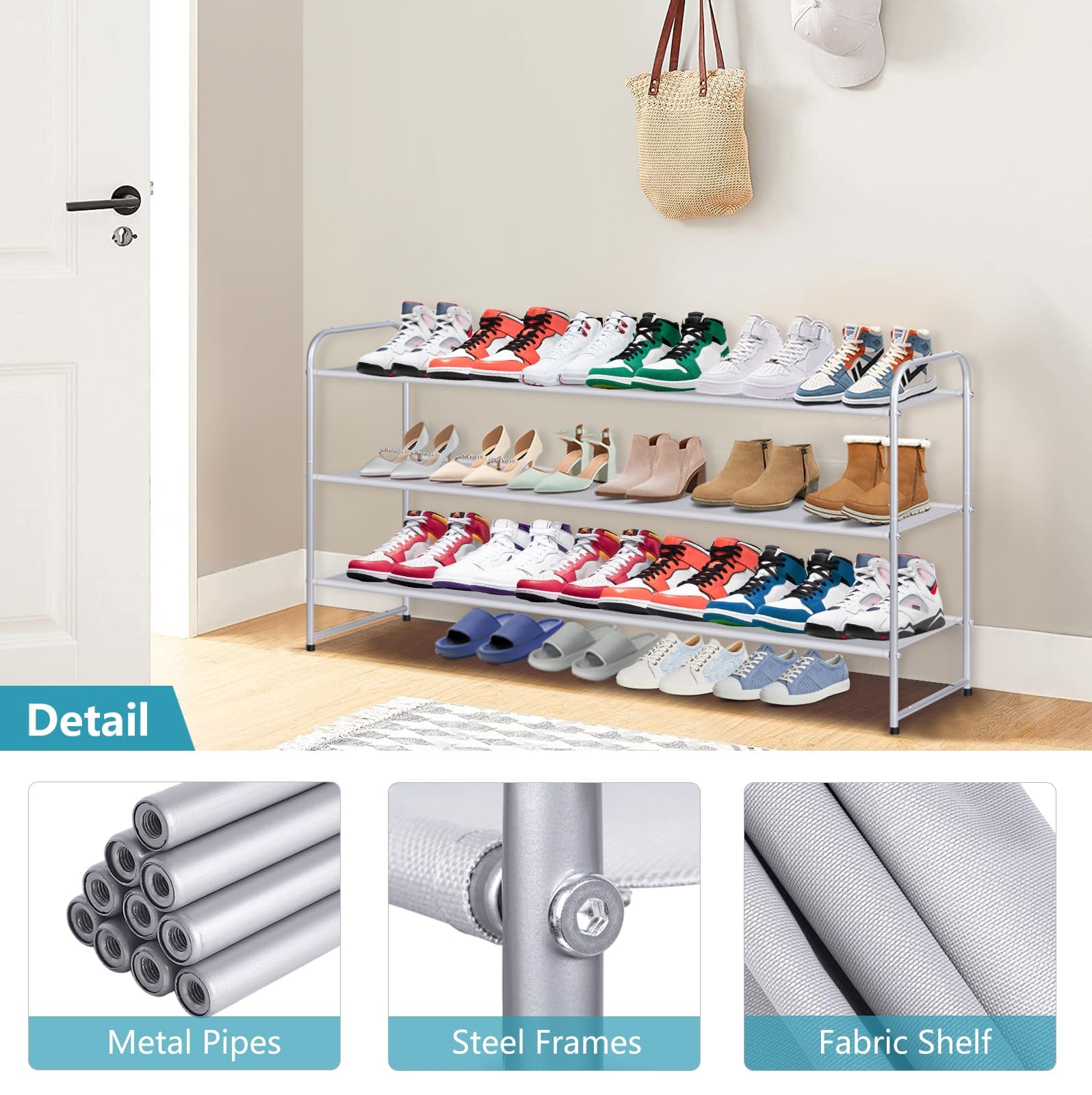AOODA 3 Tier Long Shoe Rack for Closet Floor Wide Stackable Sneaker Shelf 24-Pairs Fabric Shoe Storage Organizer for Bedroom (Gray)