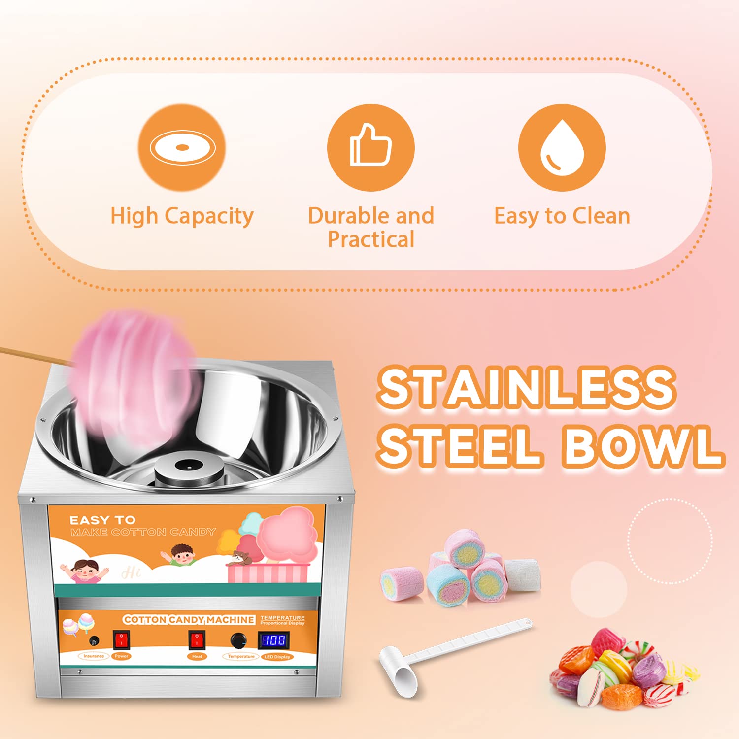 Newhai Commercial Cotton Candy Machine Electric Candy Floss Maker 18.5Inch 1200W Stainless Steel Sweet Sugar Candy Floss Maker for Cotton Candy Seller or Various Parties