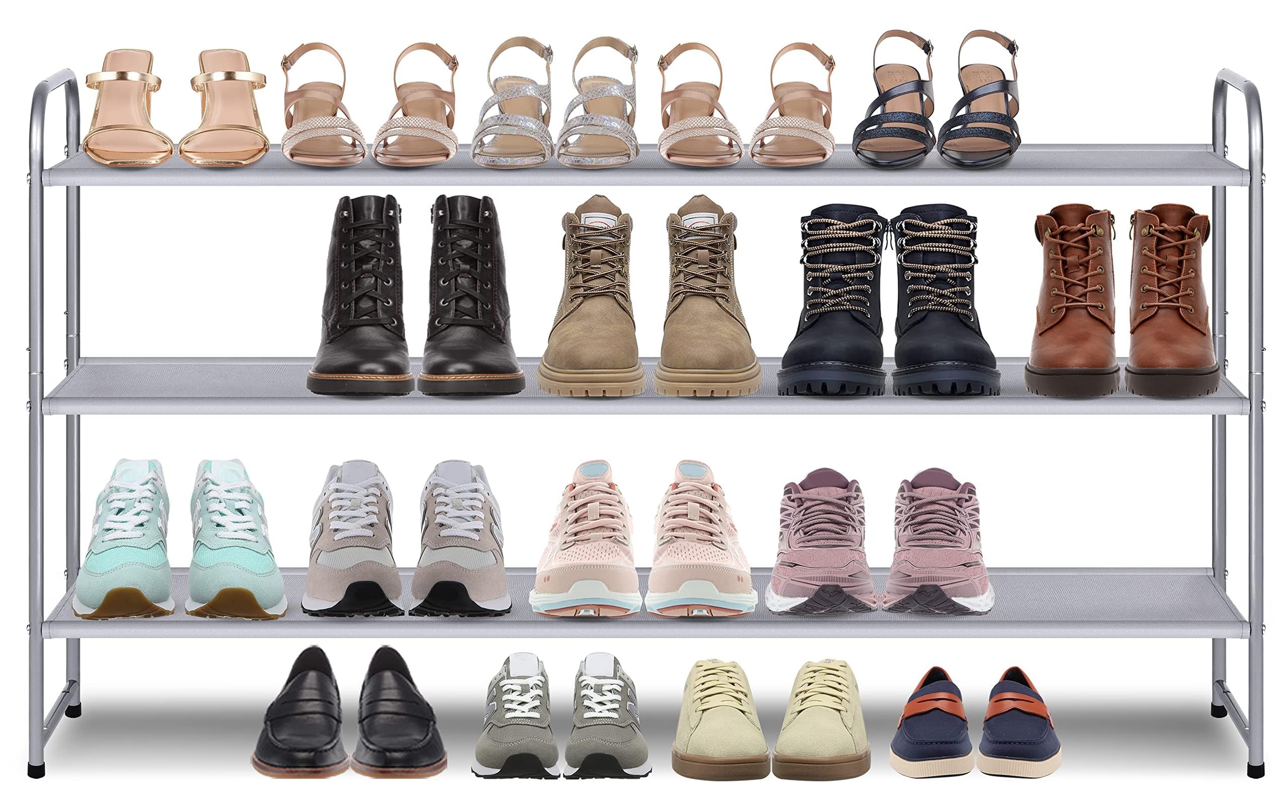AOODA 3 Tier Long Shoe Rack for Closet Floor Wide Stackable Sneaker Shelf 24-Pairs Fabric Shoe Storage Organizer for Bedroom (Gray)