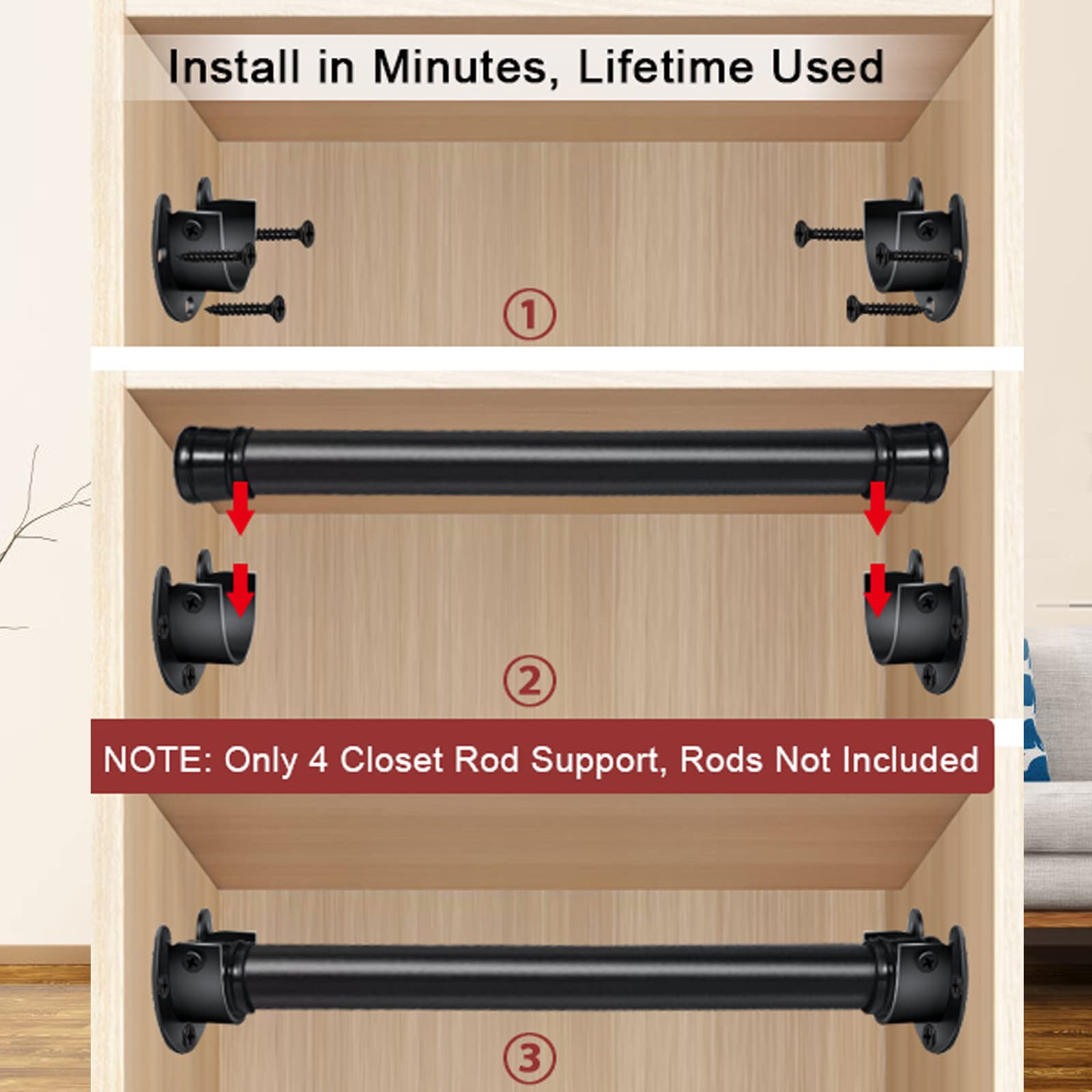 Closet Rod Brackets 1 Inch Heavy Duty Metal Closet Rod End Support Pole Sockets Wardrobe Flange Set Black Closet Rod Holders U Shaped Stainless Steel Shower Curtain Rods Holder 4 Pack