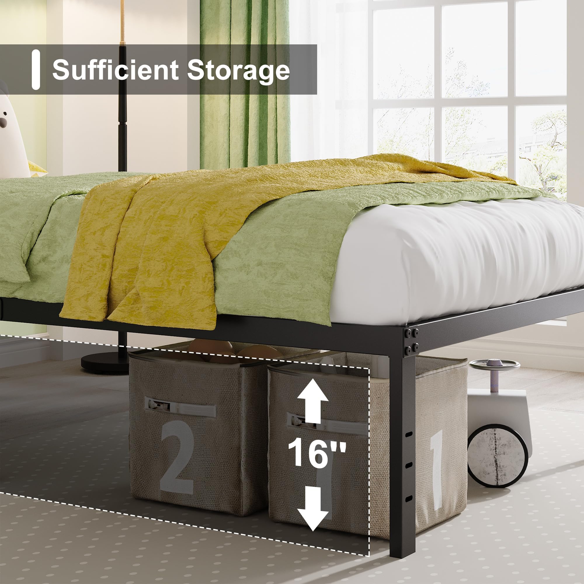 EMODA 18 Inch Twin XL Bed Frames No Box Spring Needed, Heavy Duty XL Twin Metal Platform Bed Frame with Tall Storage Space, Noise Free, Easy Assembly, Black