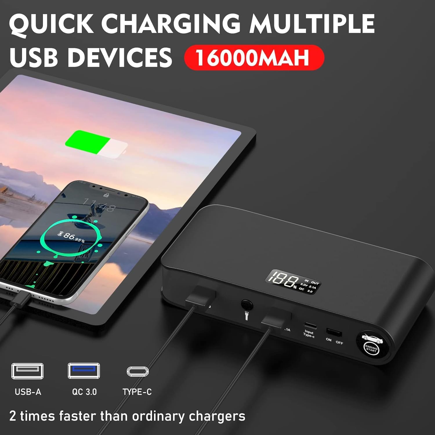 3000A Peak Battery Jump Starter 16000mAh Jump Pack 1600A Rated 12V with Jumper Cables, Portable Battery Booster with USB QC 3.0 PD 18W Fast Charging for Car 7.2L Gas/5.5L Diesel Engine