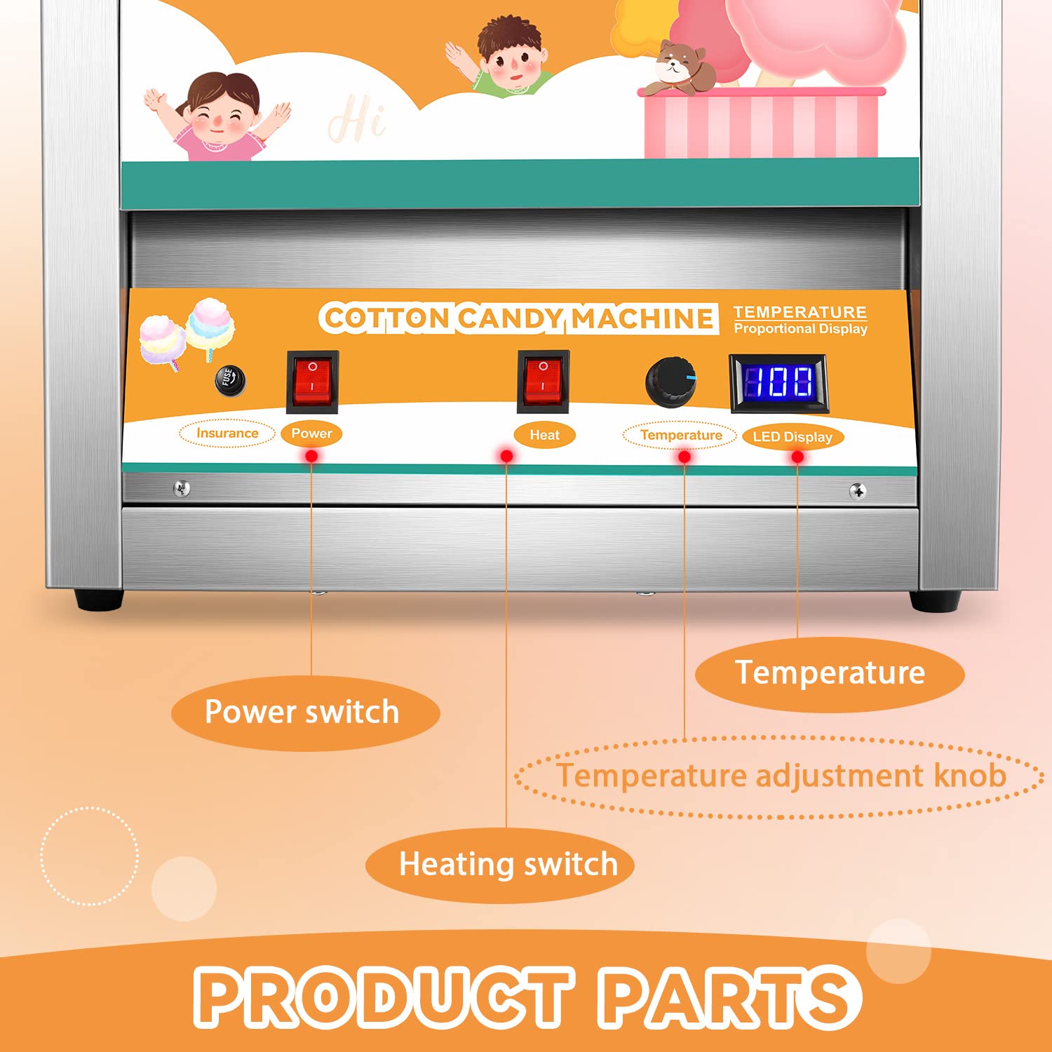 Newhai Commercial Cotton Candy Machine Electric Candy Floss Maker 18.5Inch 1200W Stainless Steel Sweet Sugar Candy Floss Maker for Cotton Candy Seller or Various Parties