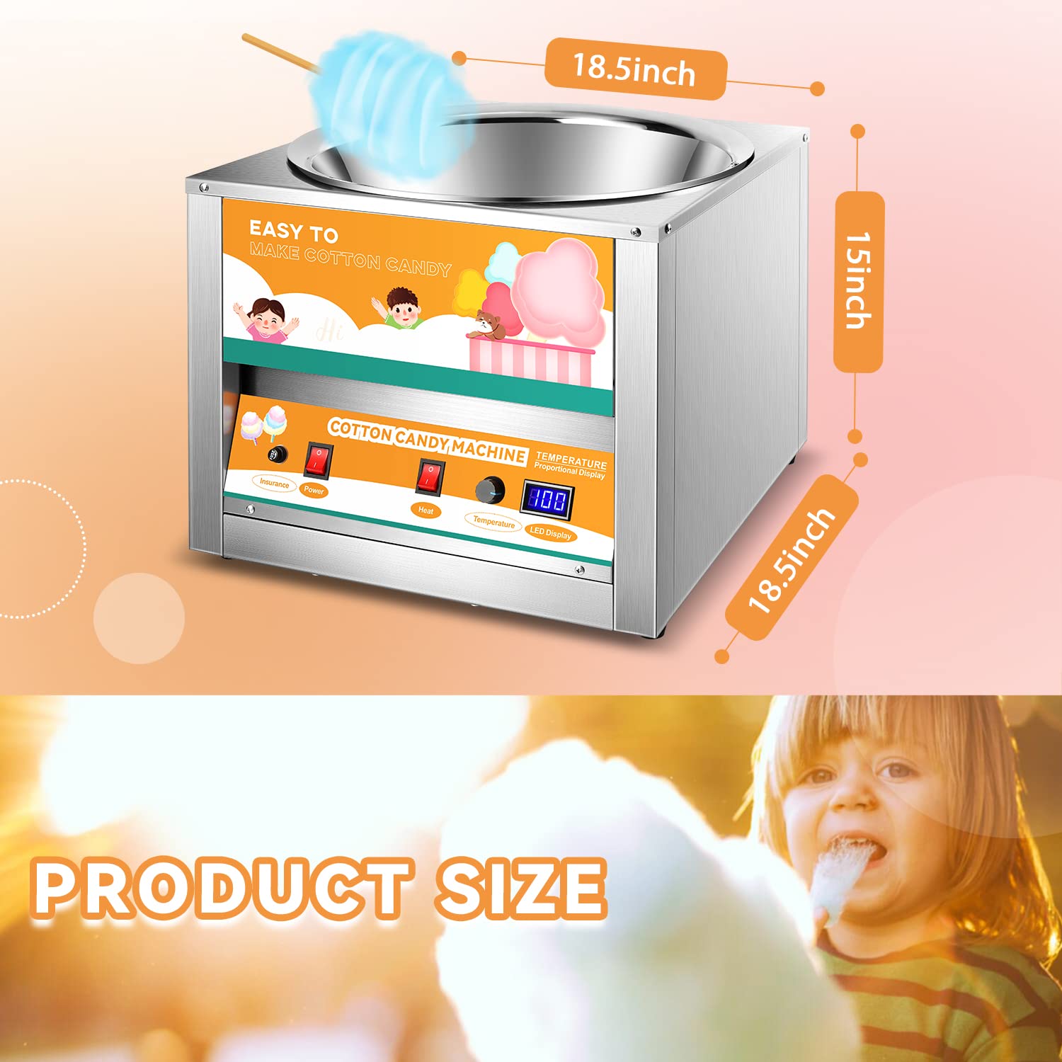 Newhai Commercial Cotton Candy Machine Electric Candy Floss Maker 18.5Inch 1200W Stainless Steel Sweet Sugar Candy Floss Maker for Cotton Candy Seller or Various Parties
