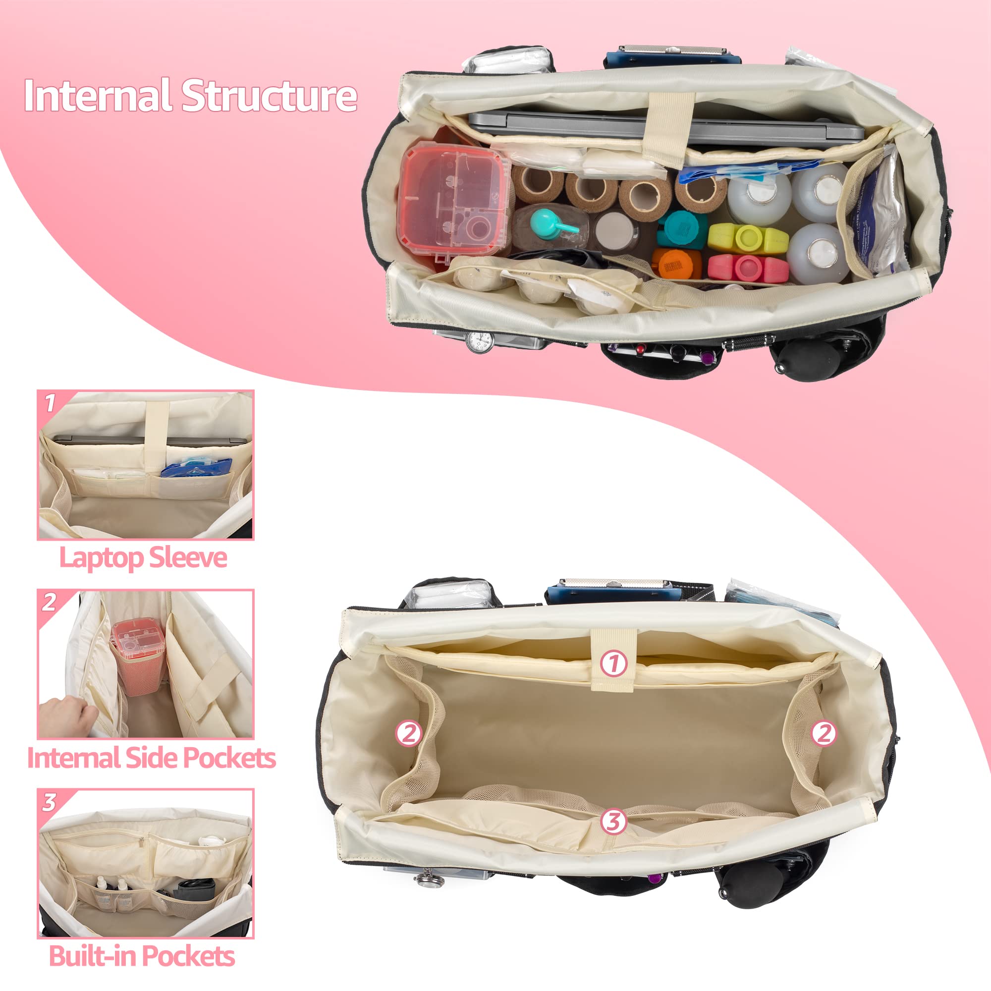 Damero Nurse Tote Bags, Nurse Bag with Padded Laptop Sleeve and Mutiple Pockets for Work, Home Health Care, Black