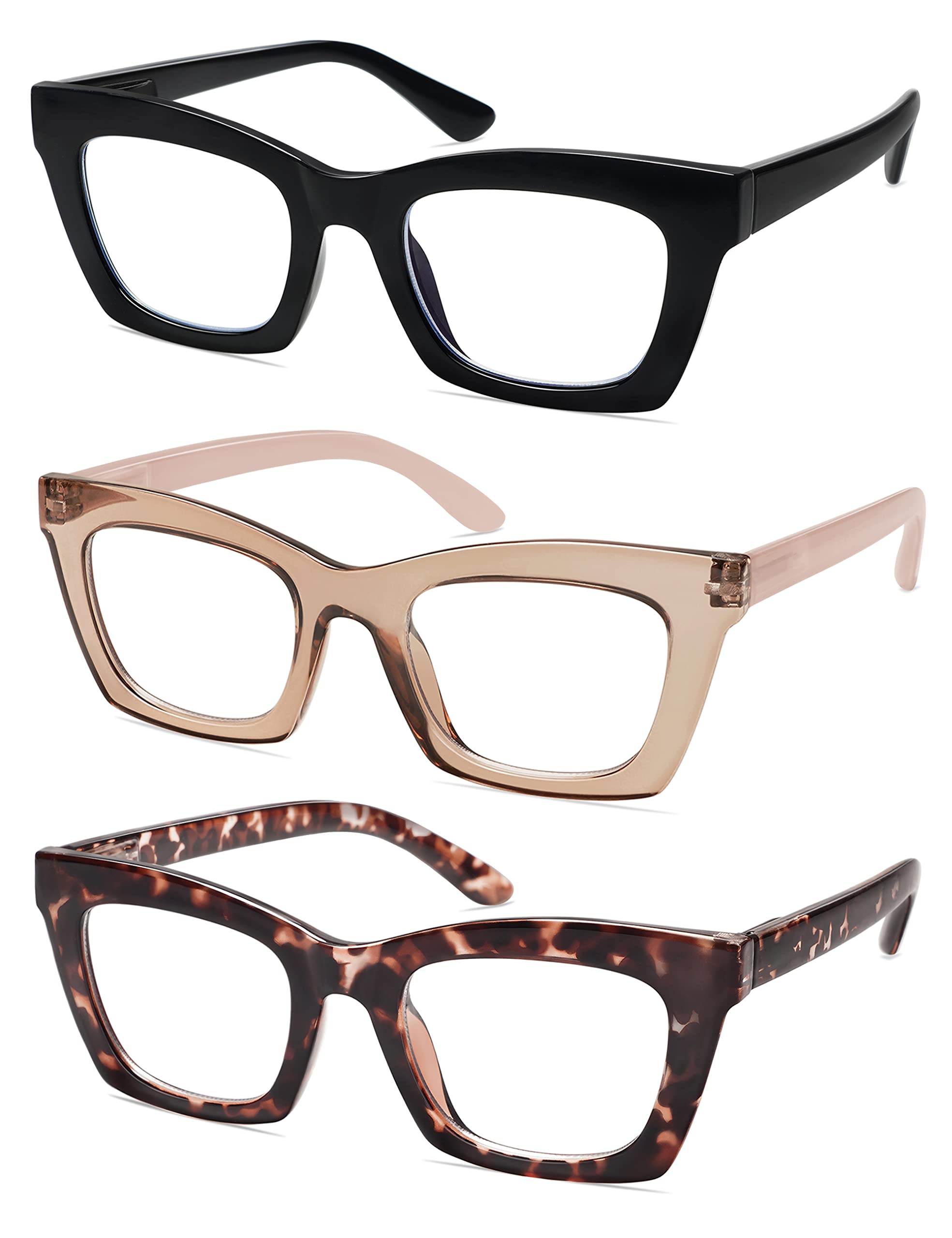 AMOMOMA 3 Pack Trendy Oversized Blue Light Stylish Readers for Women,Retro Square Cute Sturdy Computer Womens Reading Glasses AM6042 Black+Brown+Purple Tortoise 1.5