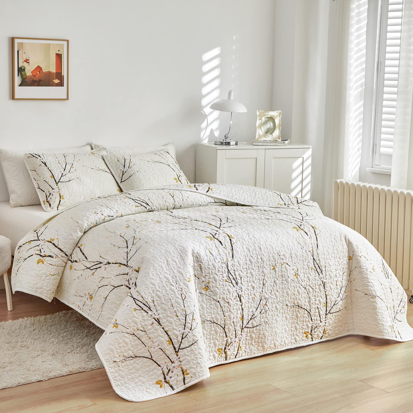 Quilt Set King Size Cream White with Black Branch Bedding Set 88x88 Soft Microfiber Lightweight Coverlet Bedspread Summer 3 Pc Bed Cover for (1 Quilt+ 2 Shams)