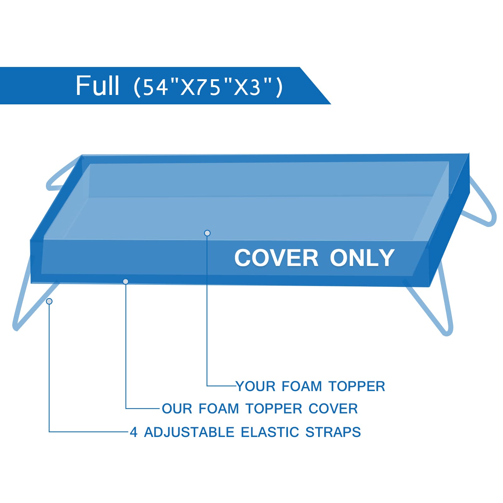 3 Inch Mattress Topper Cover Full Cooling Bamboo Rayon Zippered Cover with Adjustable Straps for Latex Memory Foam Mattress Topper