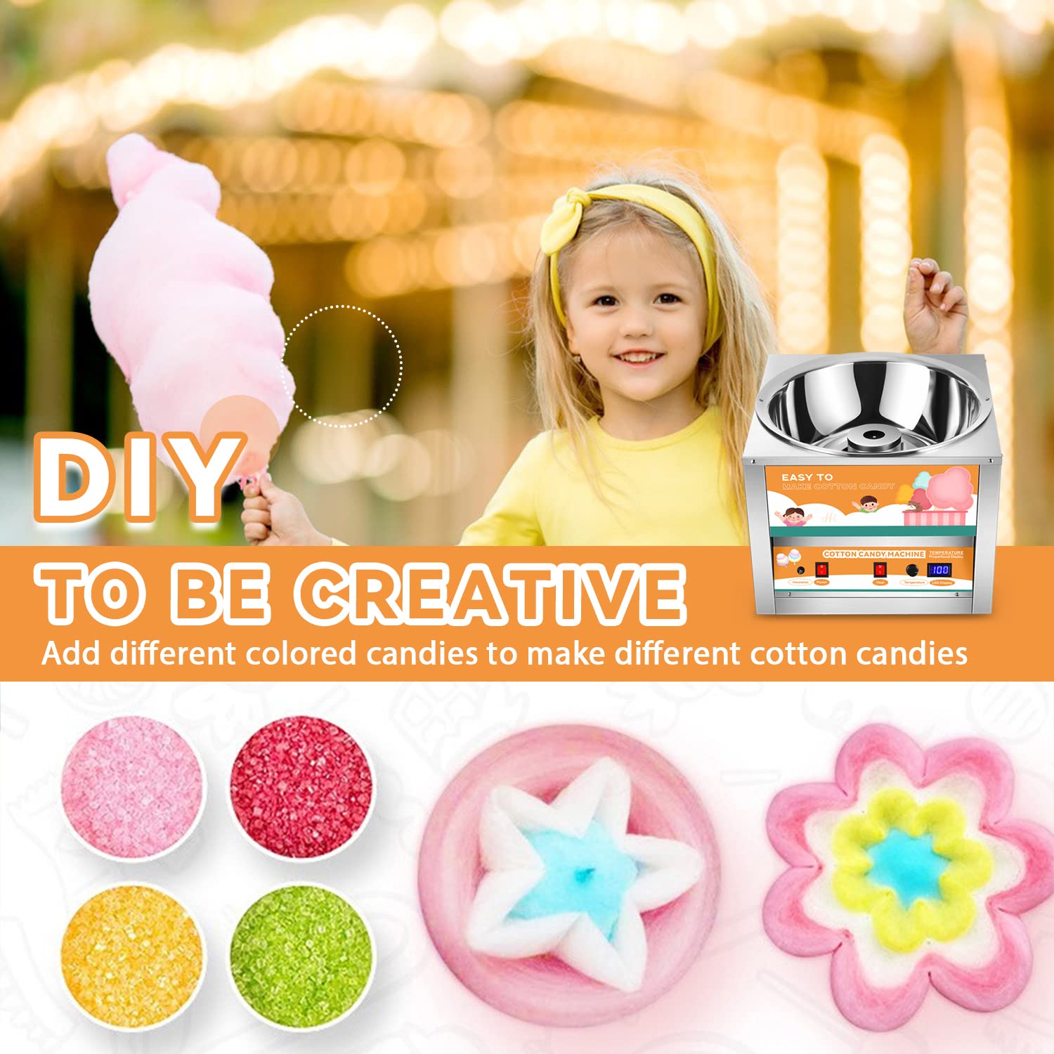 Newhai Commercial Cotton Candy Machine Electric Candy Floss Maker 18.5Inch 1200W Stainless Steel Sweet Sugar Candy Floss Maker for Cotton Candy Seller or Various Parties