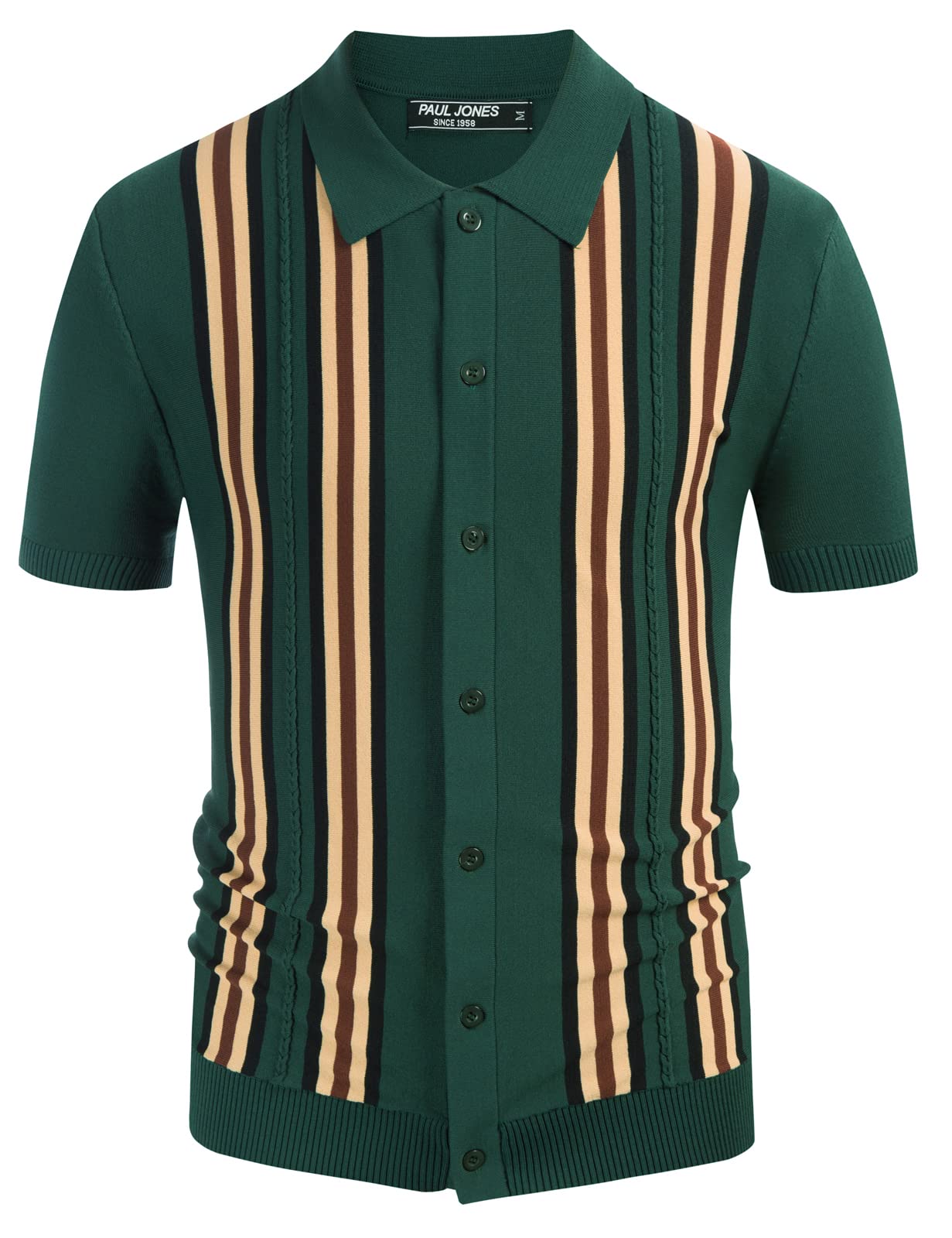 PJ PAUL JONES Mens Retro Striped Polo Shirt Short Sleeve Button Down Knitted Shirts Green M