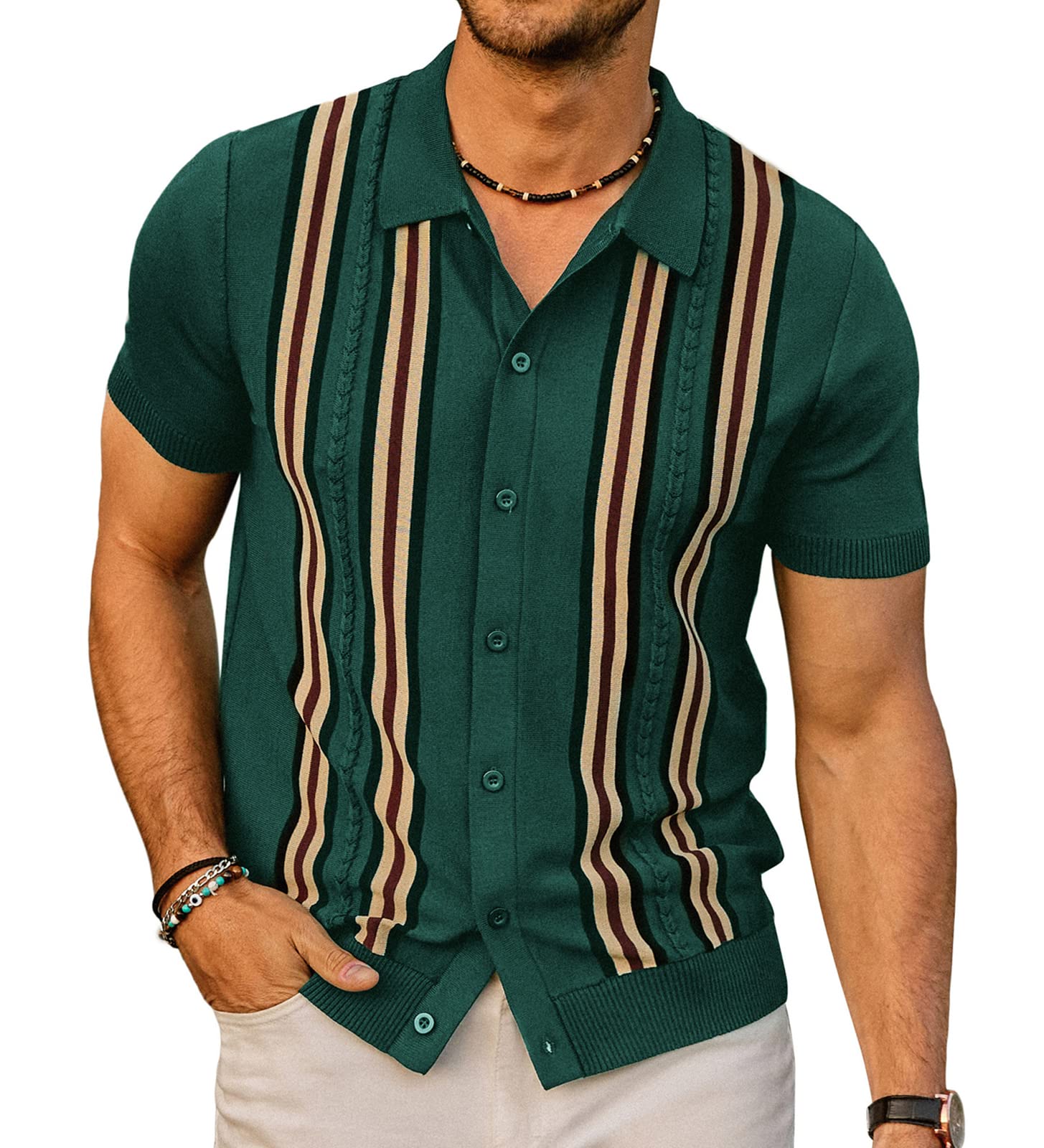 PJ PAUL JONES Mens Retro Striped Polo Shirt Short Sleeve Button Down Knitted Shirts Green M