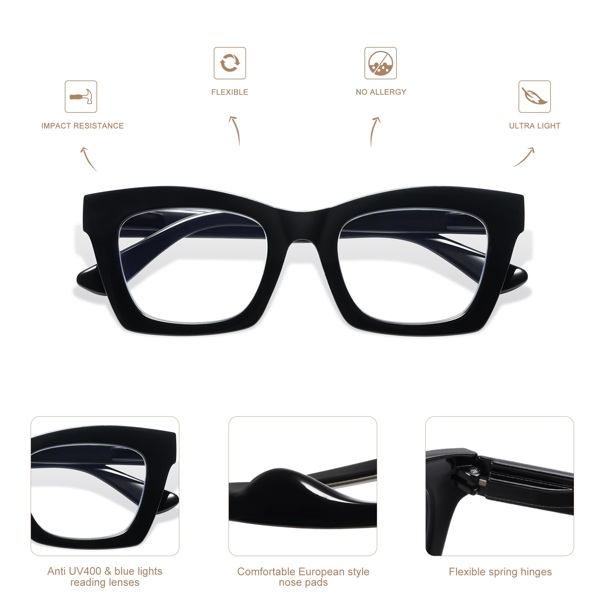 AMOMOMA 3 Pack Trendy Oversized Blue Light Stylish Readers for Women,Retro Square Cute Sturdy Computer Womens Reading Glasses AM6042 Black+Brown+Purple Tortoise 1.5