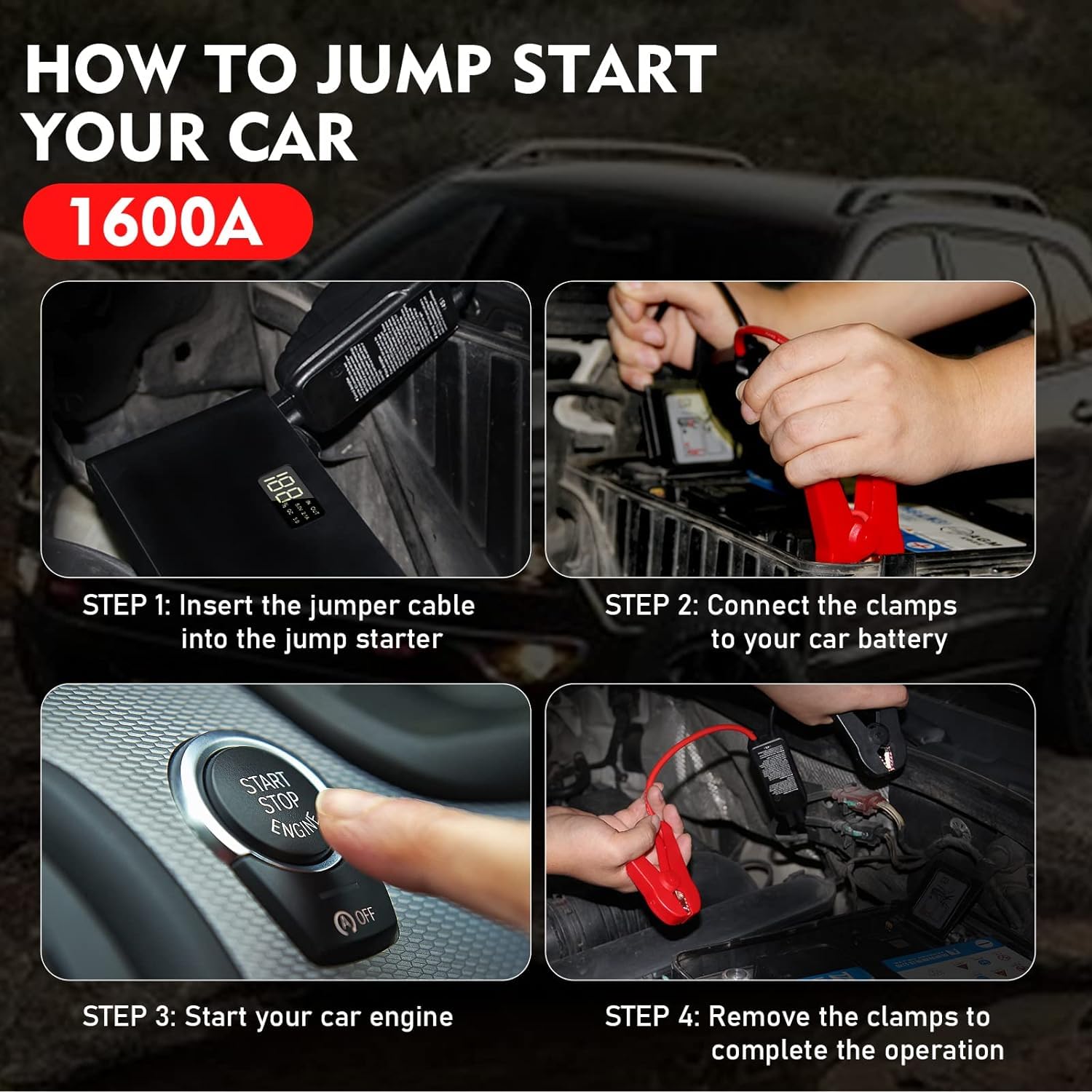 3000A Peak Battery Jump Starter 16000mAh Jump Pack 1600A Rated 12V with Jumper Cables, Portable Battery Booster with USB QC 3.0 PD 18W Fast Charging for Car 7.2L Gas/5.5L Diesel Engine