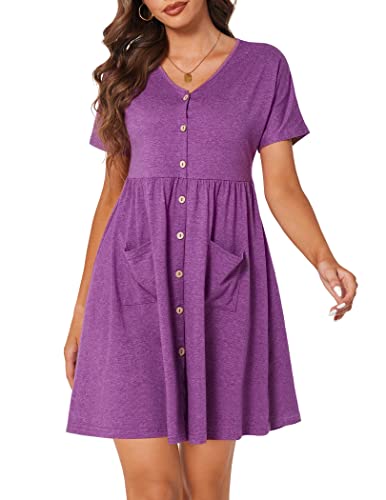 HOTOUCH Women's Plus Size Short Sleeve V-Neck Dresses Casual Loose Swing T-Shirt Dress Purple