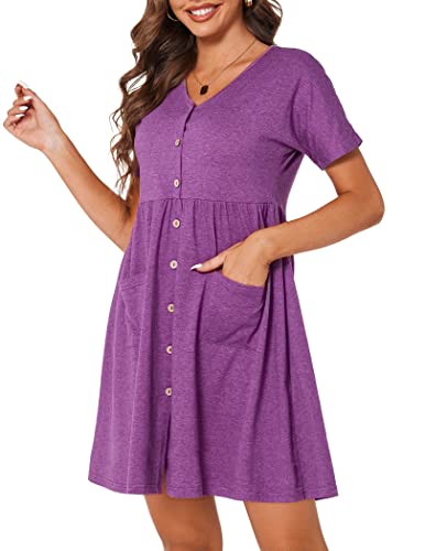 HOTOUCH Women's Plus Size Short Sleeve V-Neck Dresses Casual Loose Swing T-Shirt Dress Purple