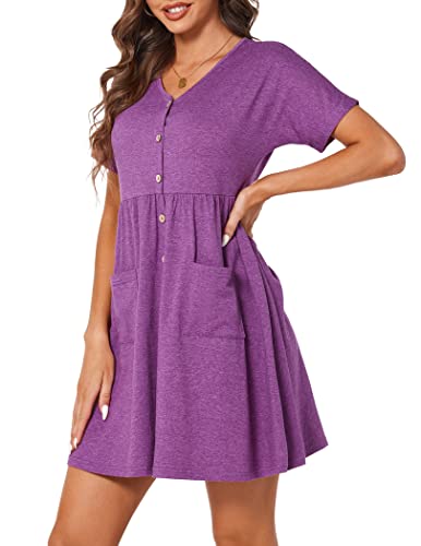 HOTOUCH Women's Plus Size Short Sleeve V-Neck Dresses Casual Loose Swing T-Shirt Dress Purple