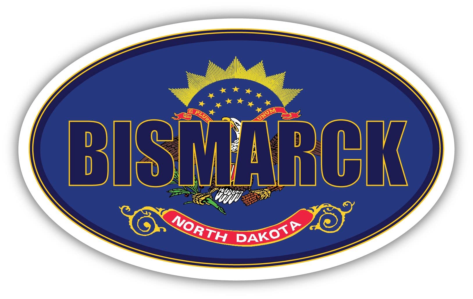 Bismarck City North Dakota State Flag | ND Flag Burleigh County Oval State Colors Bumper Sticker Car Decal 3x5 inches
