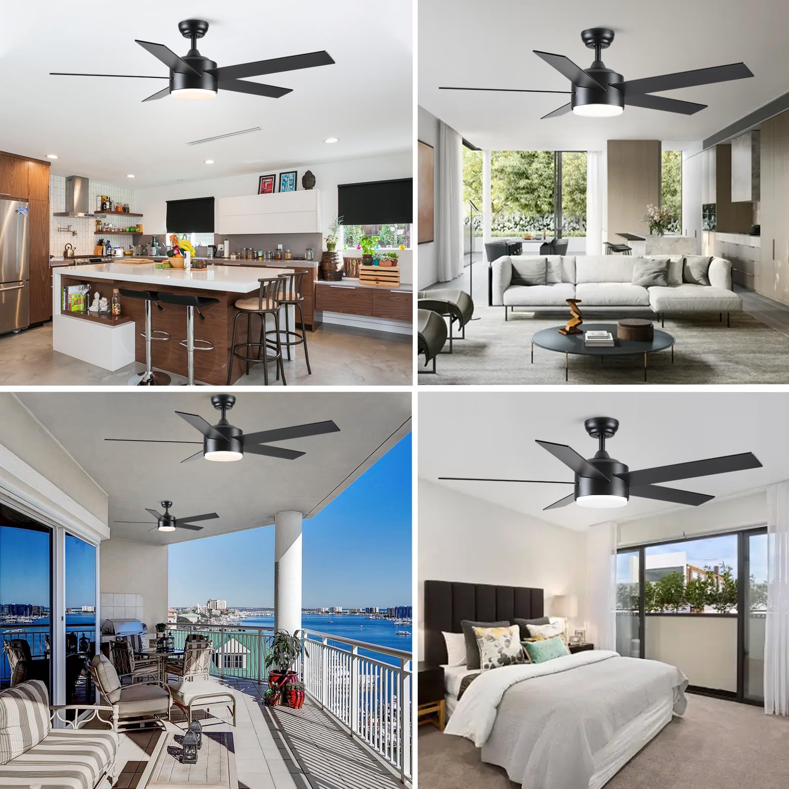 POCHFAN 52 inch Black Ceiling Fans with Lights and Remote Control, Quiet Modern Ceiling Fan for Bedroom, Living Room, Dining Room, Dimmable 3-Color Temperatures 6-Speed