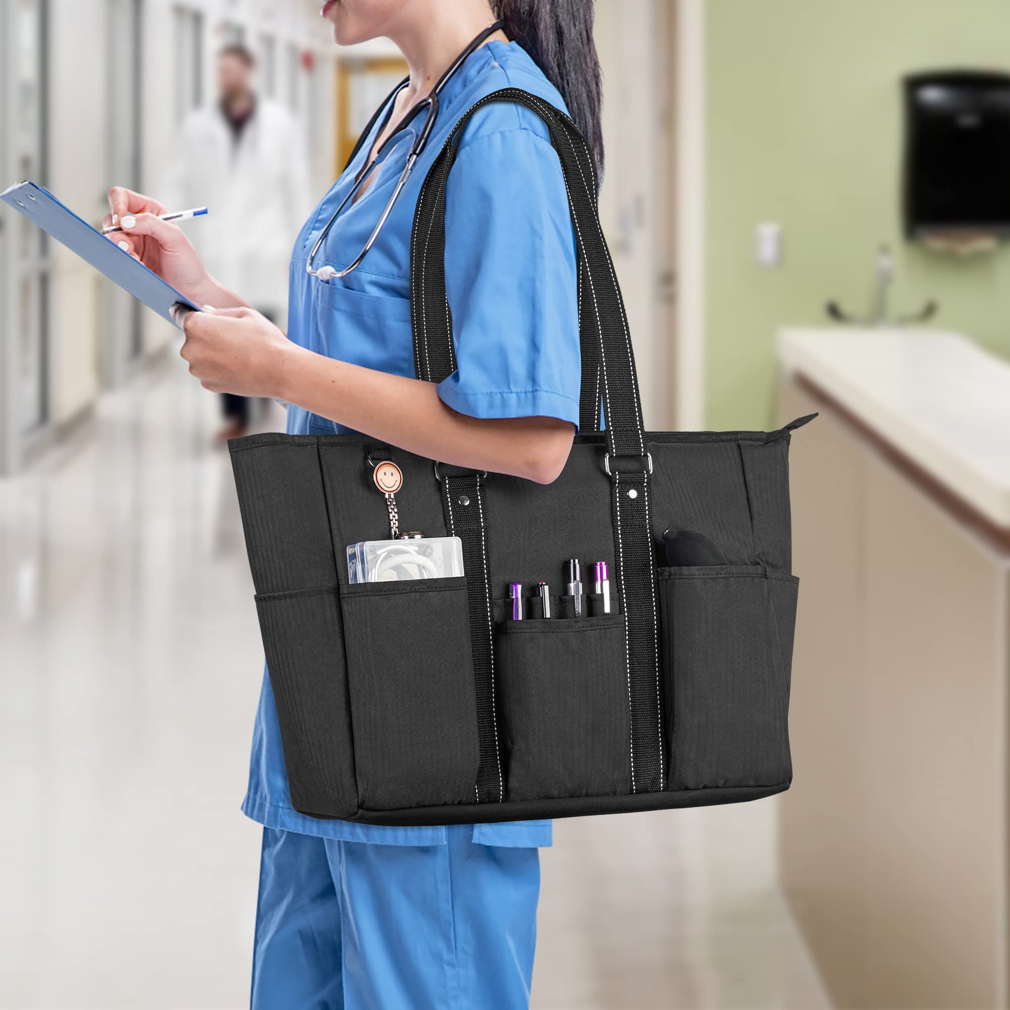Damero Nurse Tote Bags, Nurse Bag with Padded Laptop Sleeve and Mutiple Pockets for Work, Home Health Care, Black