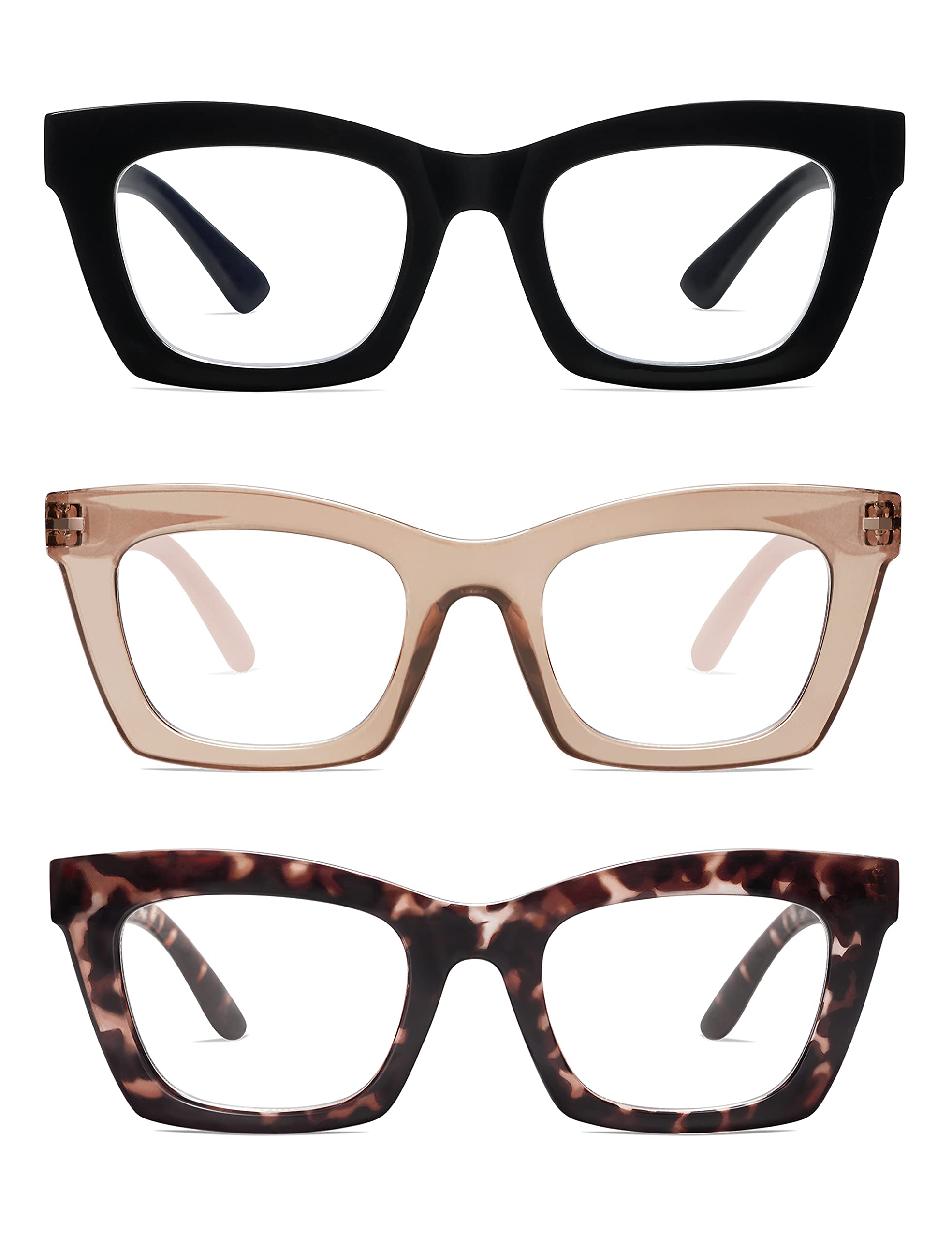 AMOMOMA 3 Pack Trendy Oversized Blue Light Stylish Readers for Women,Retro Square Cute Sturdy Computer Womens Reading Glasses AM6042 Black+Brown+Purple Tortoise 1.5