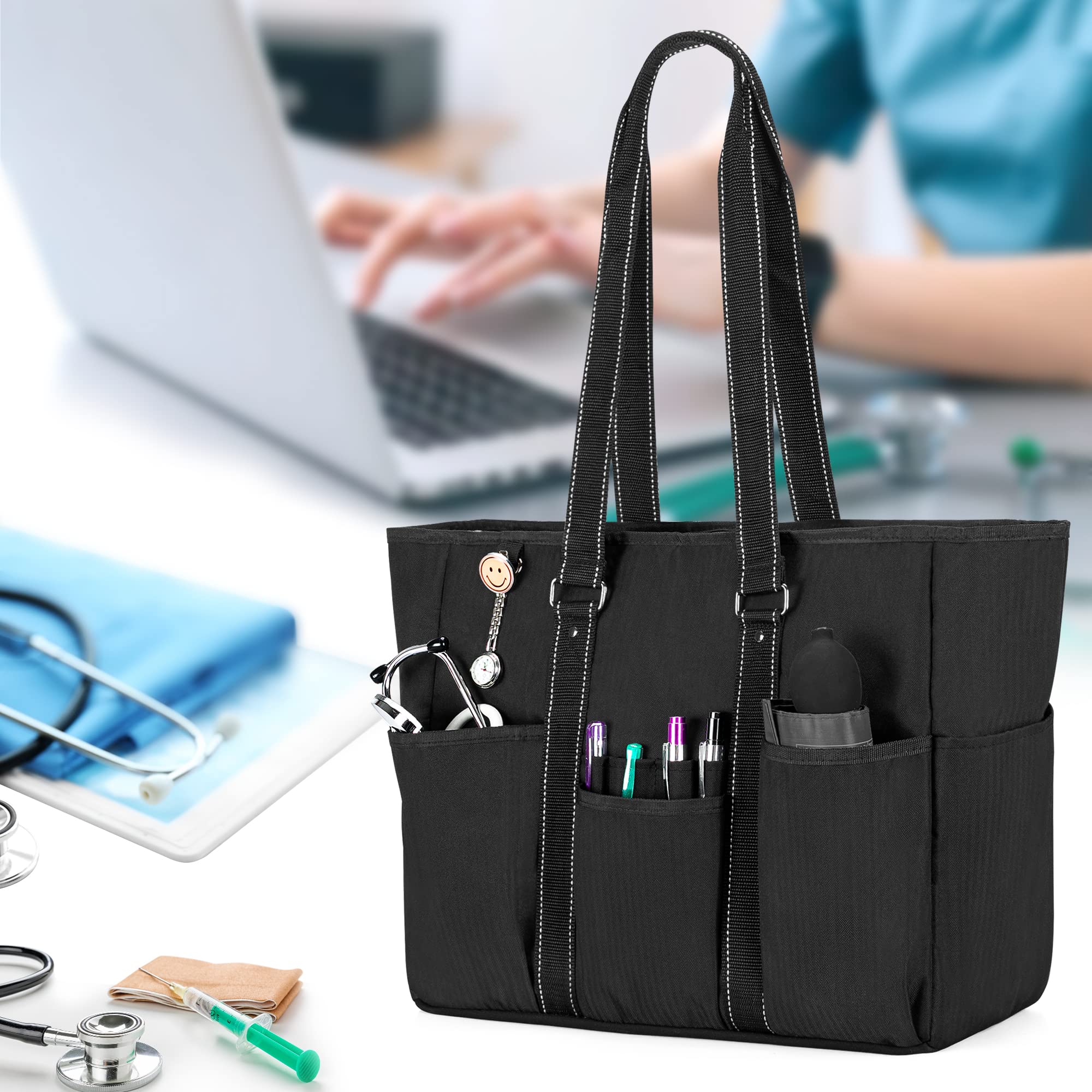 Damero Nurse Tote Bags, Nurse Bag with Padded Laptop Sleeve and Mutiple Pockets for Work, Home Health Care, Black