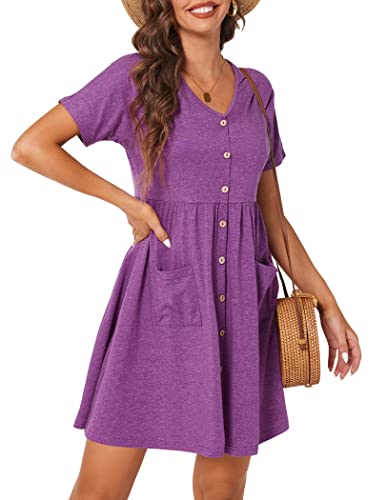 HOTOUCH Women's Plus Size Short Sleeve V-Neck Dresses Casual Loose Swing T-Shirt Dress Purple