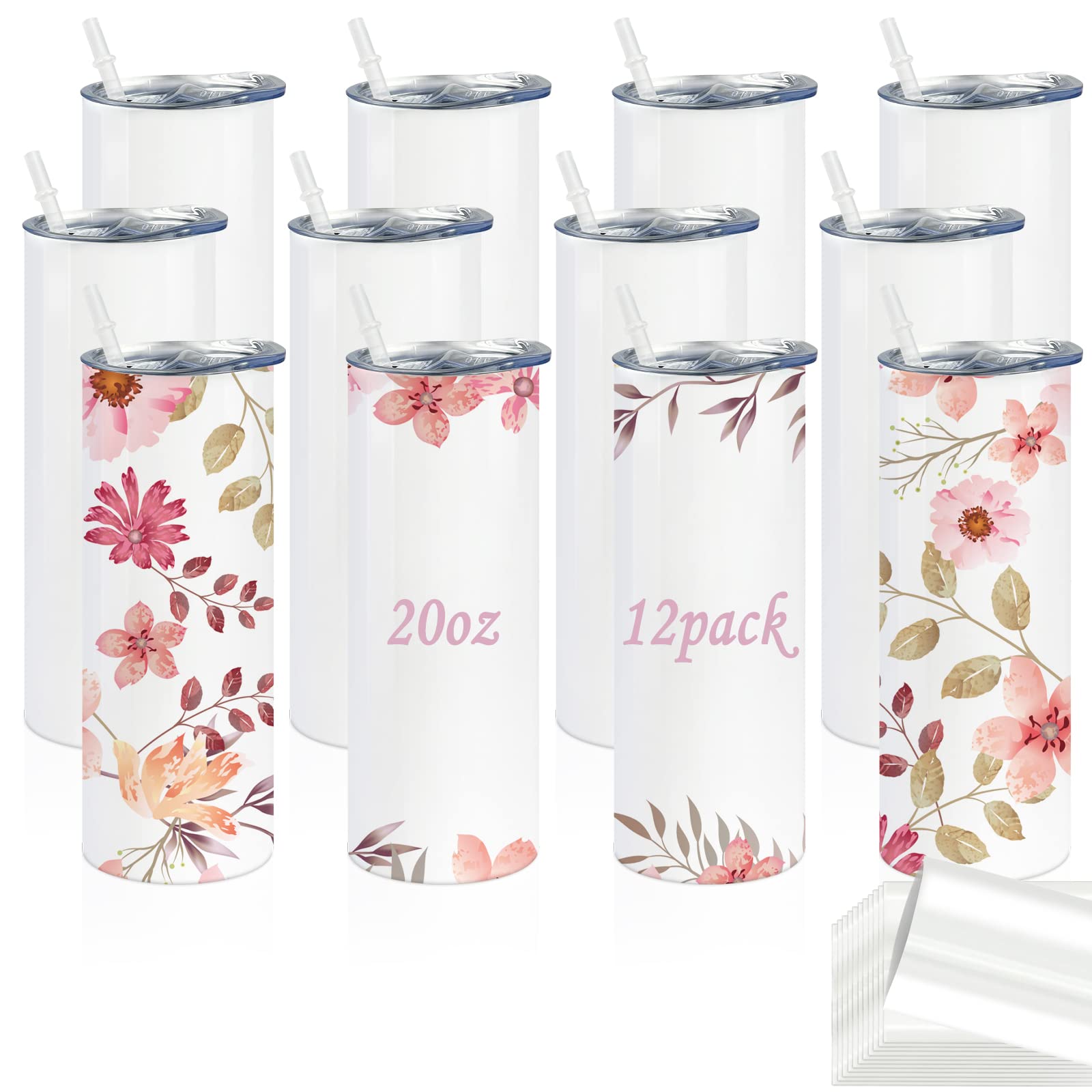 AiHeart 20oz Sublimation Stainless Steel Coffee Tumblers,Double Wall Vacuum Insulated Blanks Bulk Tumblers with Lid Silicone Coasters and Shrink Wrap Films,Travel Mug For Car Cup Racks(11pack)