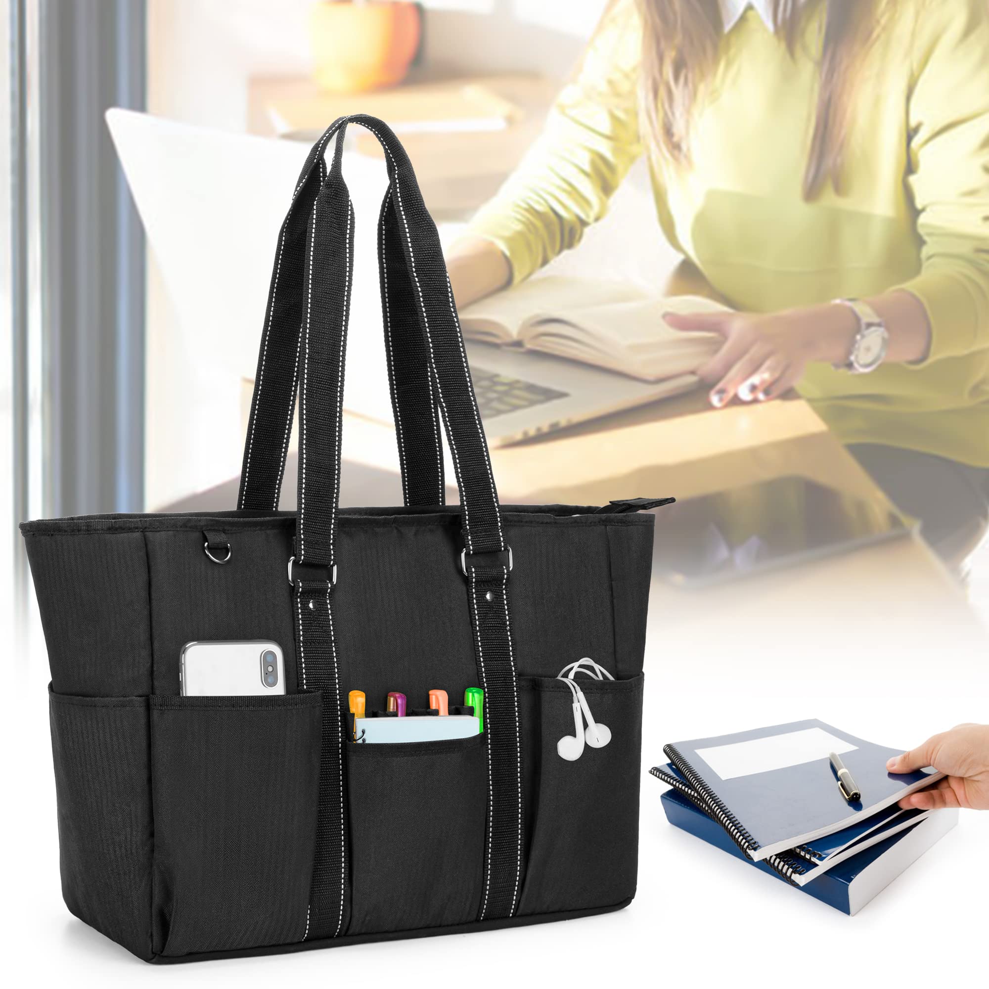 Damero Nurse Tote Bags, Nurse Bag with Padded Laptop Sleeve and Mutiple Pockets for Work, Home Health Care, Black