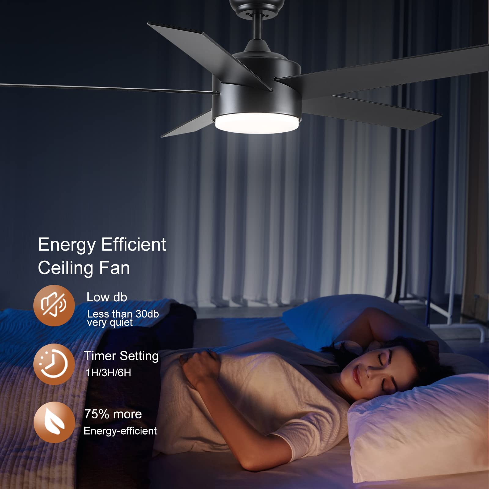 POCHFAN 52 inch Black Ceiling Fans with Lights and Remote Control, Quiet Modern Ceiling Fan for Bedroom, Living Room, Dining Room, Dimmable 3-Color Temperatures 6-Speed