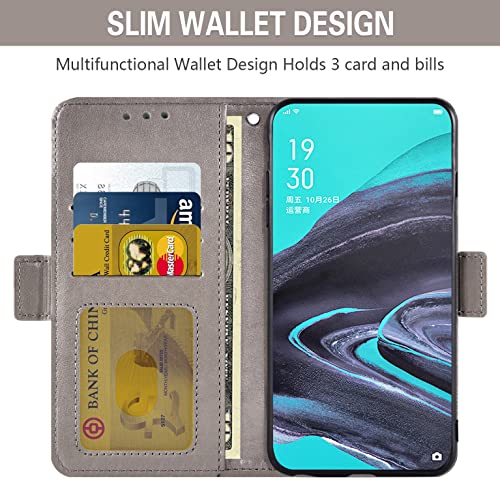 Asuwish Compatible with Oppo Reno 2 Wallet Case and Tempered Glass Screen Protector Credit Card Holder Flip Purse Accessories Wrist Strap Stand Folio Cell Phone Cover for Reno2 2019 Women Men Grey