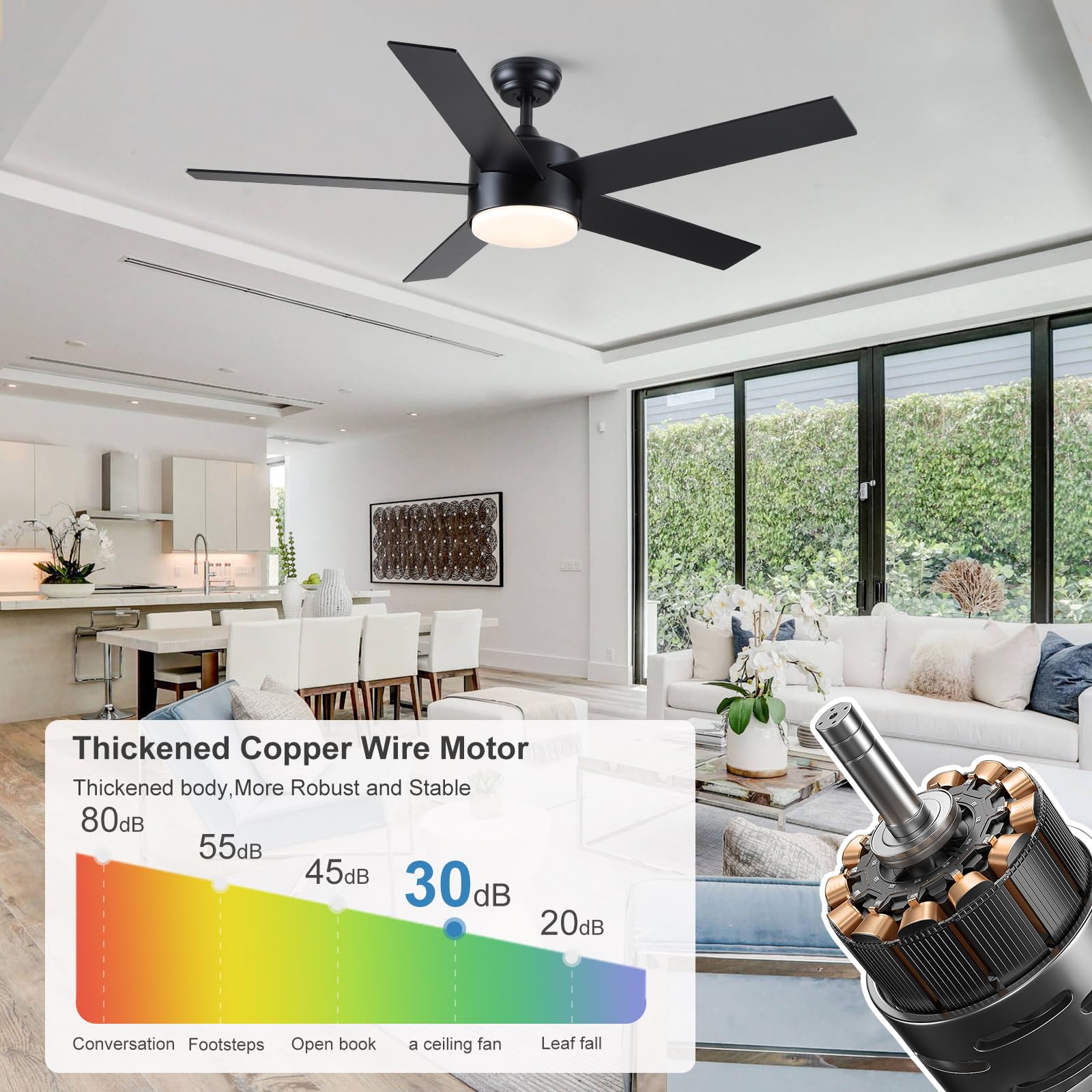 POCHFAN 52 inch Black Ceiling Fans with Lights and Remote Control, Quiet Modern Ceiling Fan for Bedroom, Living Room, Dining Room, Dimmable 3-Color Temperatures 6-Speed