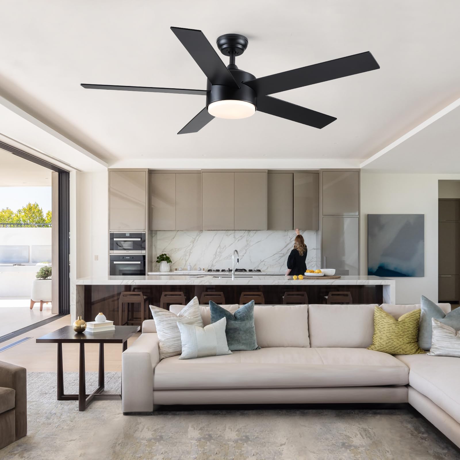 POCHFAN 52 inch Black Ceiling Fans with Lights and Remote Control, Quiet Modern Ceiling Fan for Bedroom, Living Room, Dining Room, Dimmable 3-Color Temperatures 6-Speed