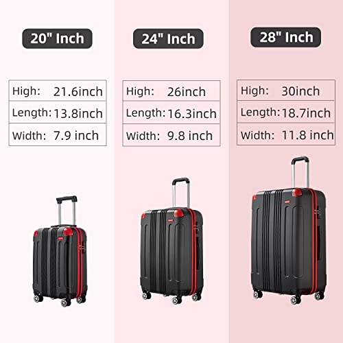 Joyway Luggage 8-Piece Travel Sets, Hardside Suitcase with Spinner Wheels,Checked Suitcase with TSA Locks(24Inch Black&Red)