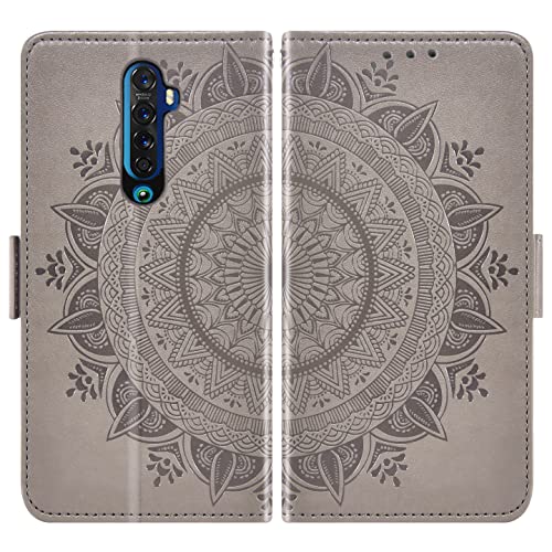 Asuwish Compatible with Oppo Reno 2 Wallet Case and Tempered Glass Screen Protector Credit Card Holder Flip Purse Accessories Wrist Strap Stand Folio Cell Phone Cover for Reno2 2019 Women Men Grey