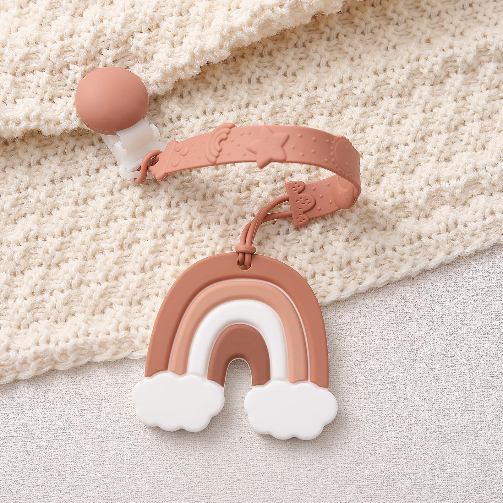 Teething Toys for Babies 0-6 Months Baby Teethers with Clip Silicone Baby Teether Toys for Boys and Girls Infant Teething Toys for Babies Rainbow Shape with Travel Case-Terracotta
